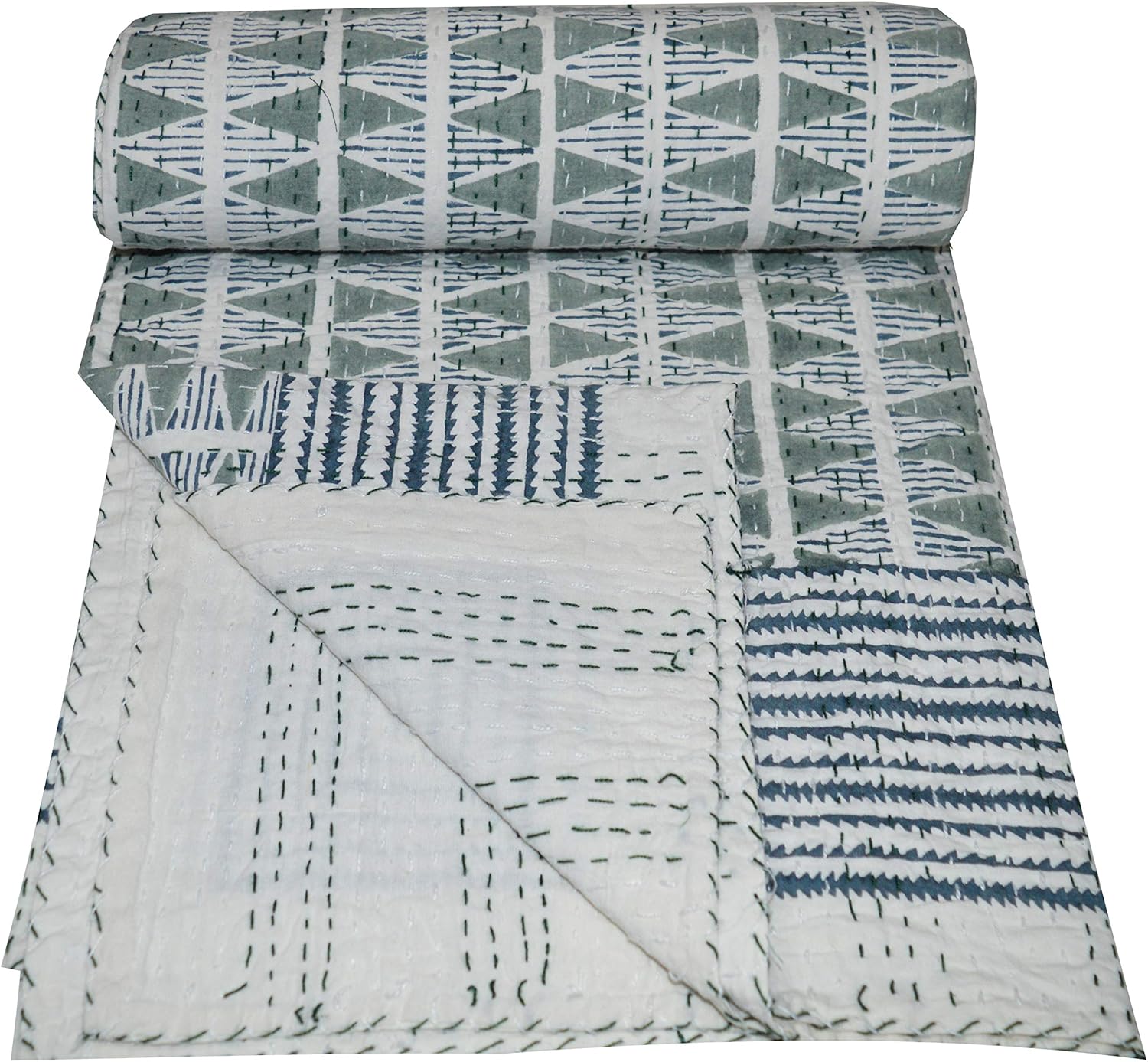 Indian Handmade Twin Cotton Hand Block Kantha Quilt Throw Blanket ...