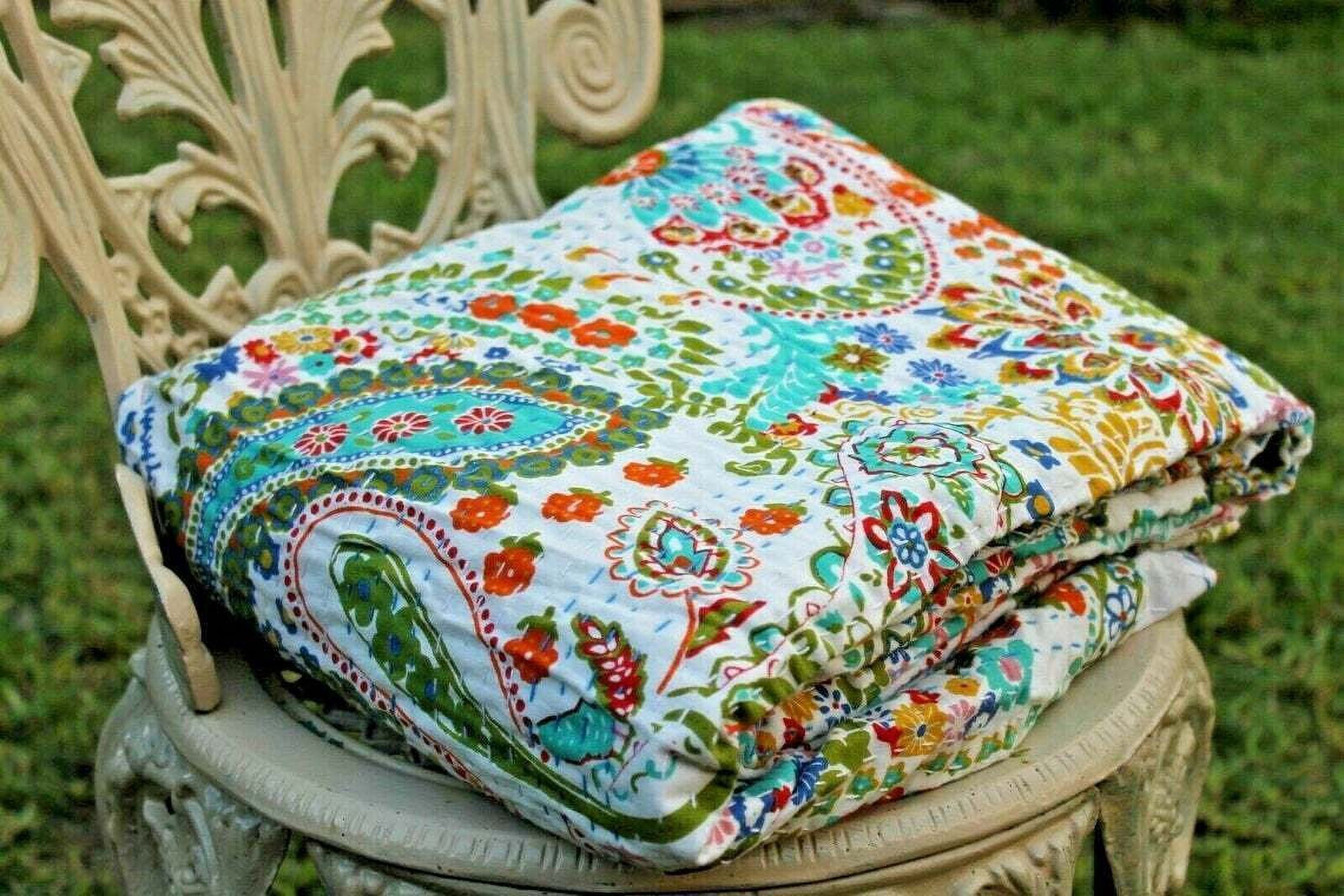 Indian Handmade White Paisley Print Kantha Quilt Twin Size Pure Cotton ...