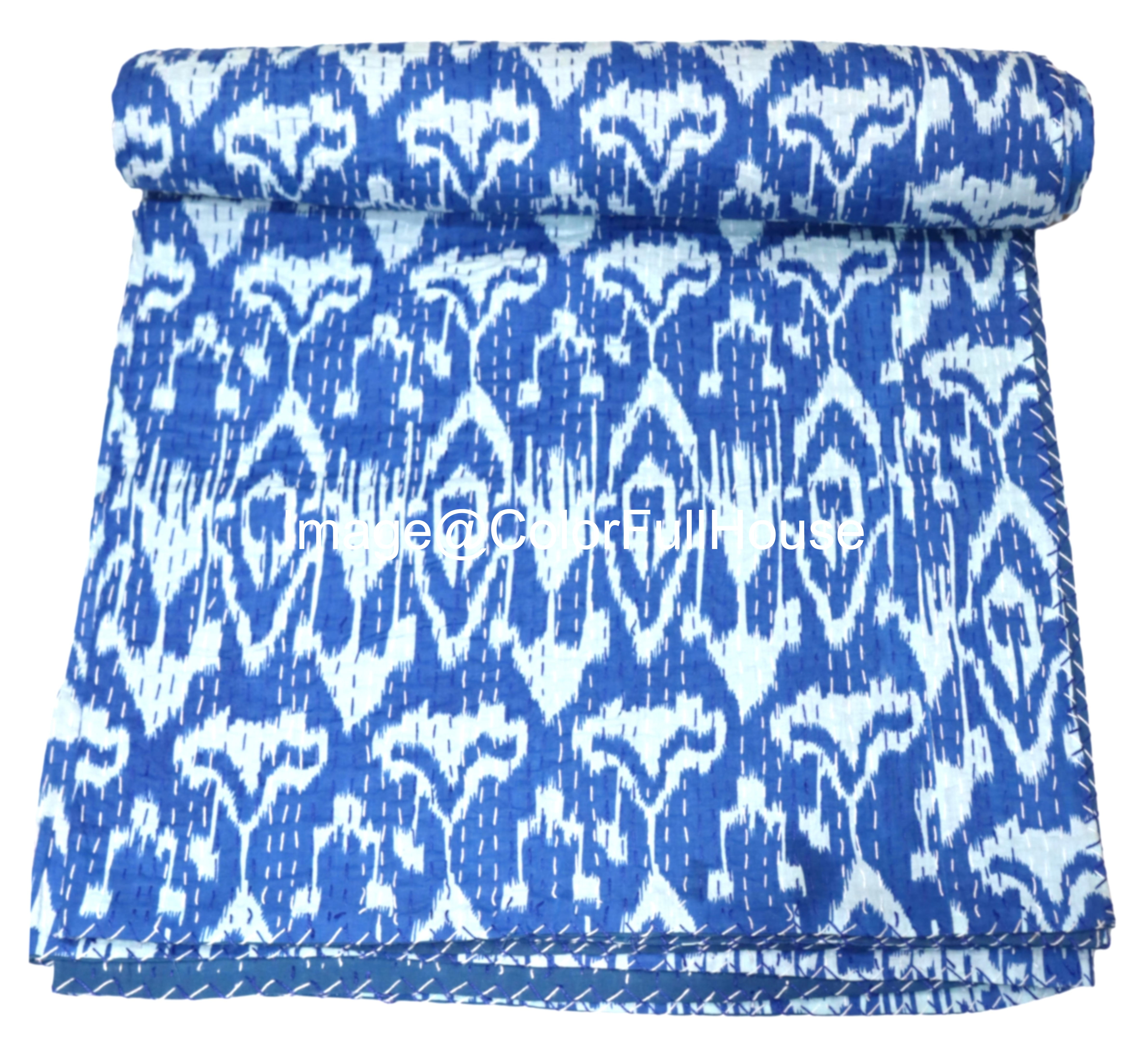 Indian Handwoven Blue and White Ikat Pattern Kantha Quilt, Bedspread ...