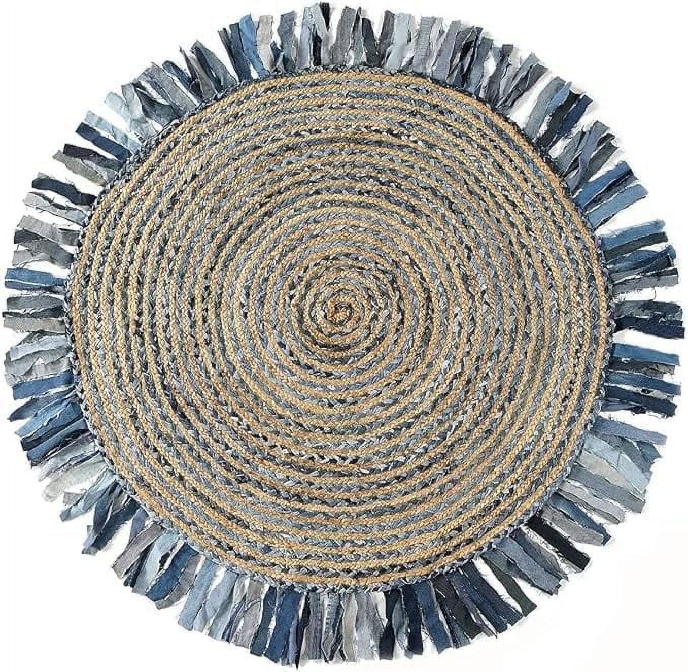 Indian Handwoven Braided Natural Jute with Denim Jute Line Jhalar Round ...