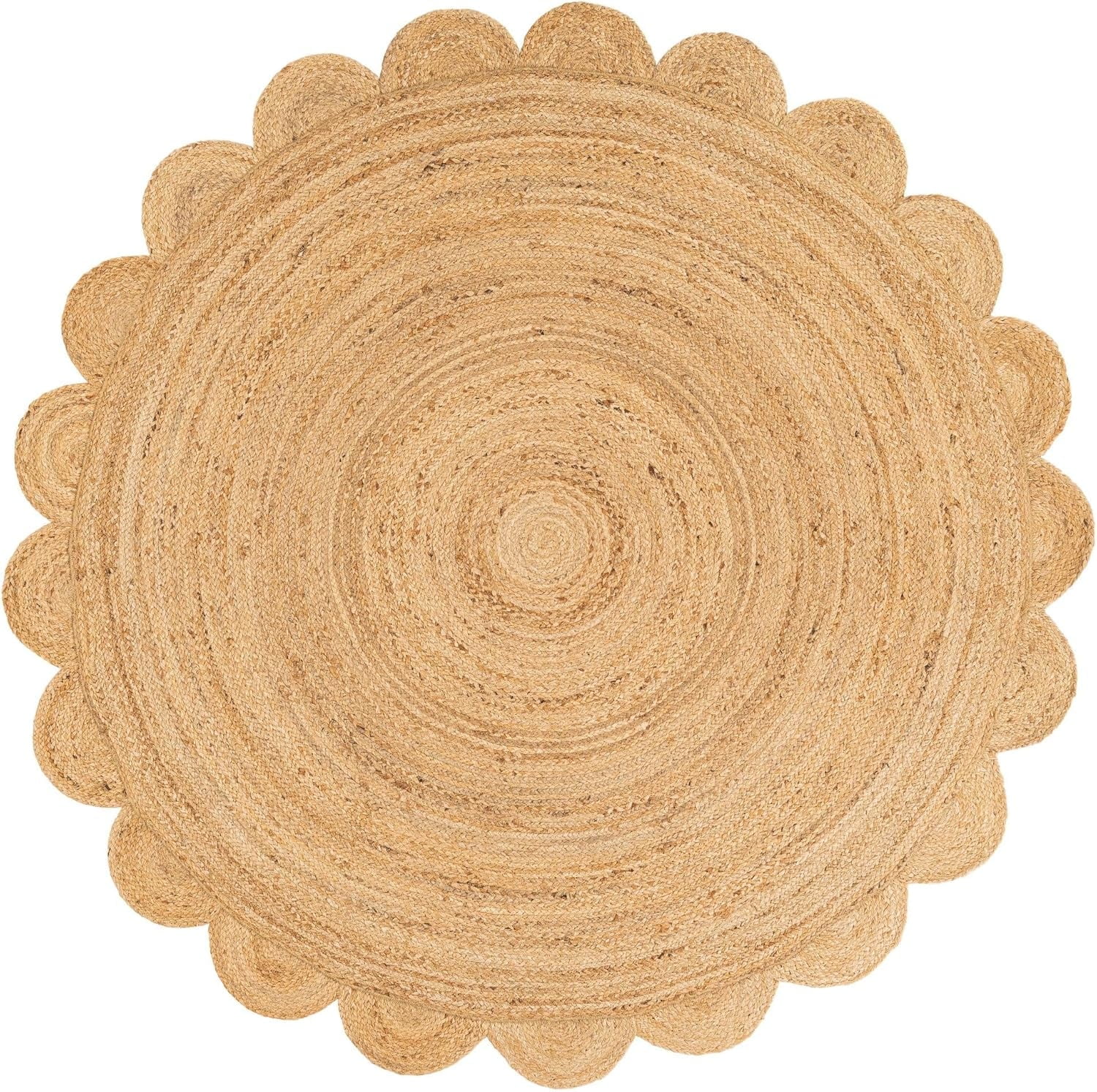 Indian Handwoven Braided Natural Jute Scalloped Round Rug, Bedroom ...