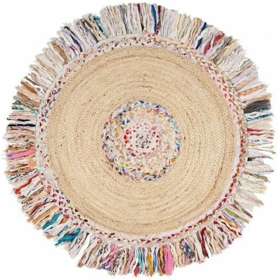 Indian Handwoven Braided Natural Jute with Ivory Cotton Jhalar Round ...