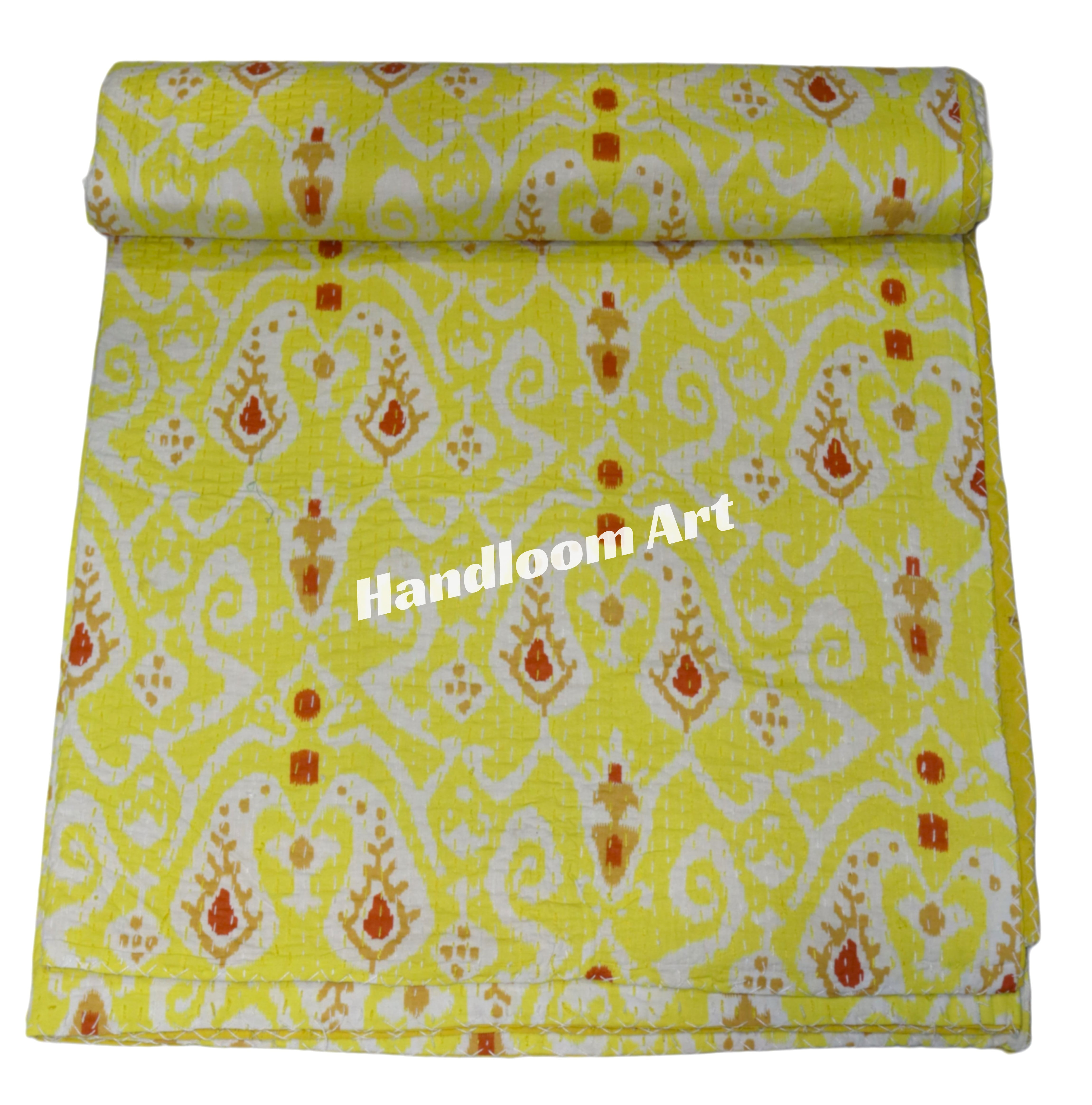 Indian Handwoven Cotton Kantha Quilt, Ikat Flower Pattern with ...