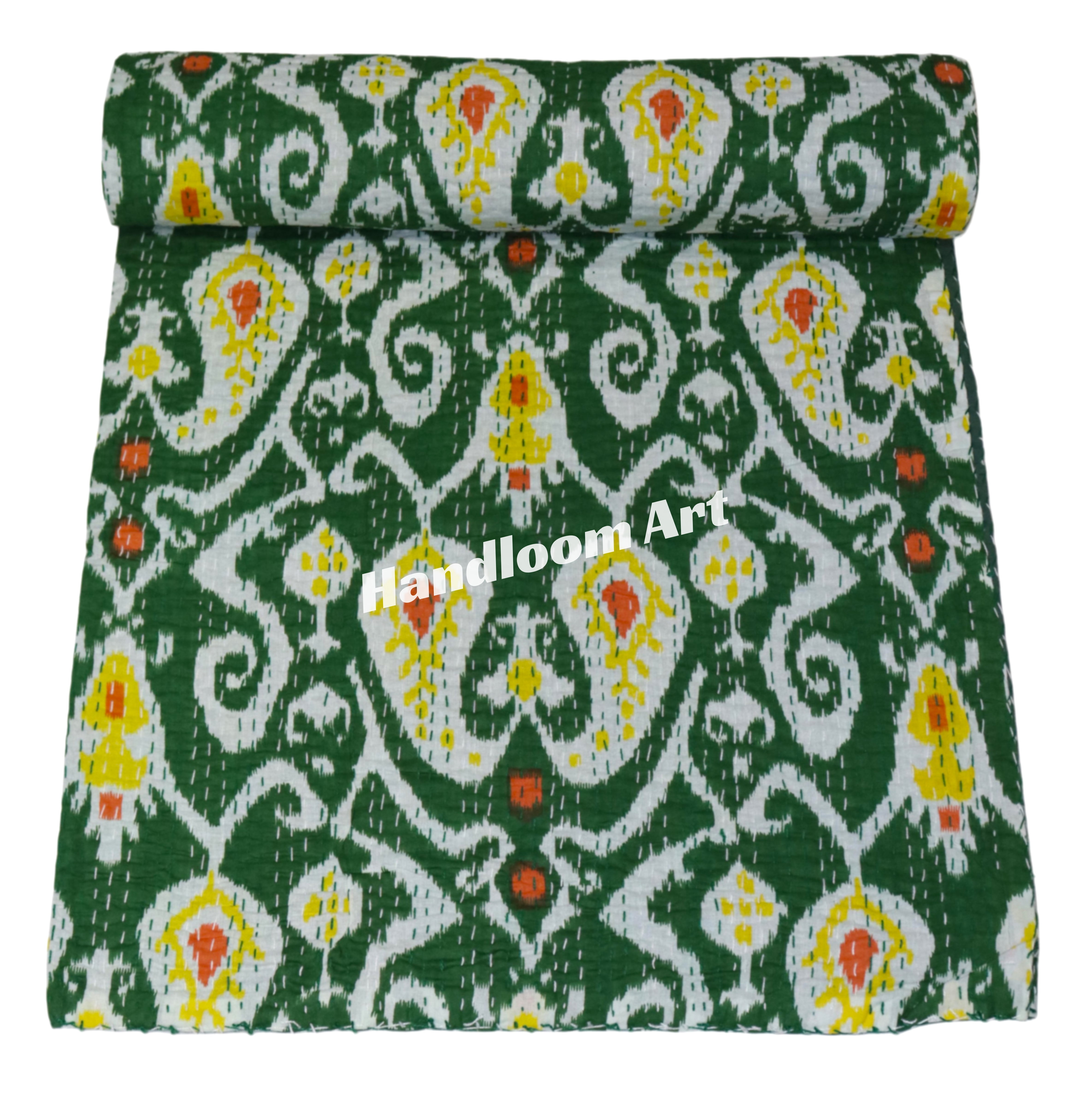 Indian Handwoven Cotton Kantha Quilt, Ikat Flower Pattern with ...