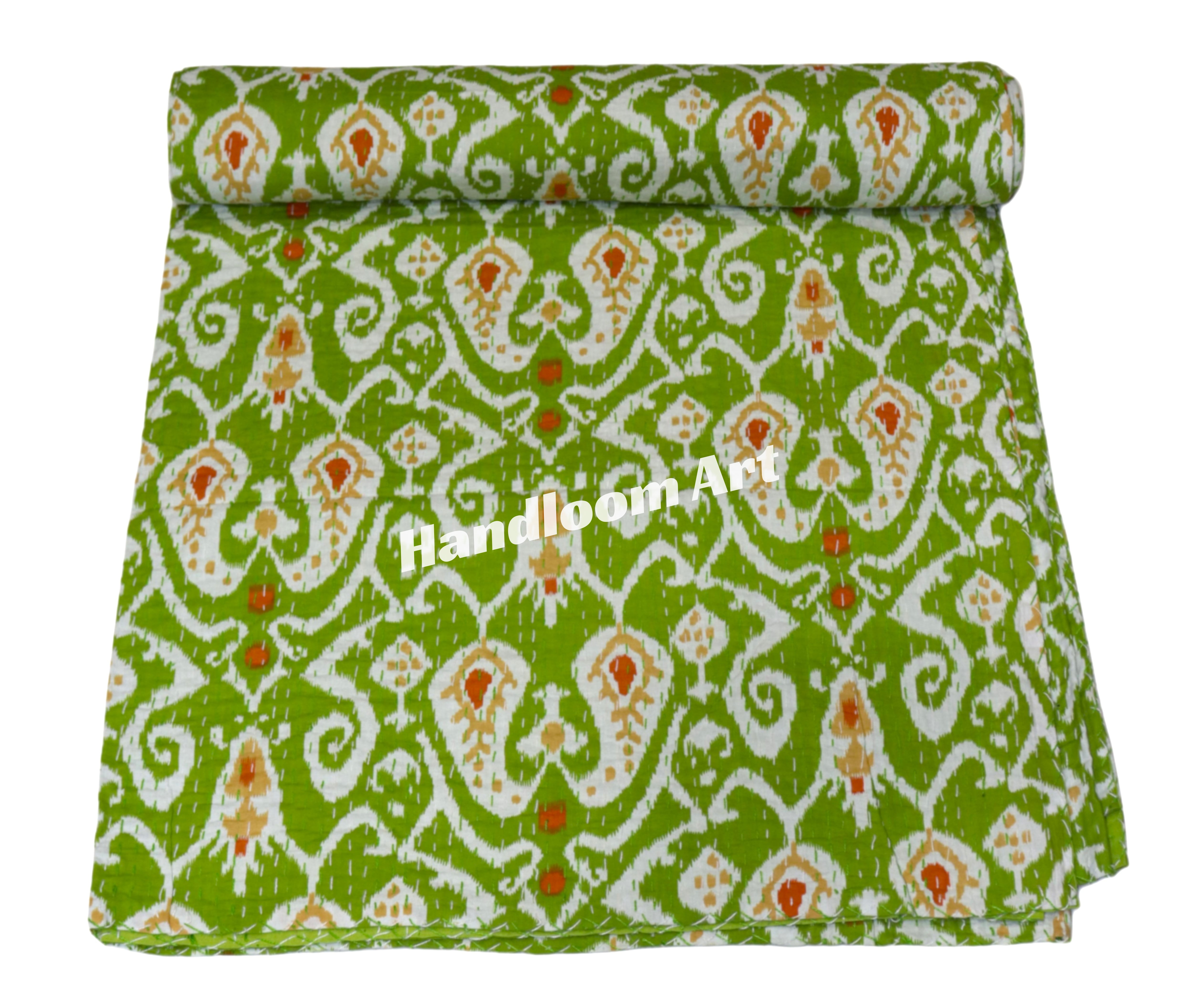 Indian Handwoven Cotton Kantha Quilt, Ikat Flower Pattern with ...