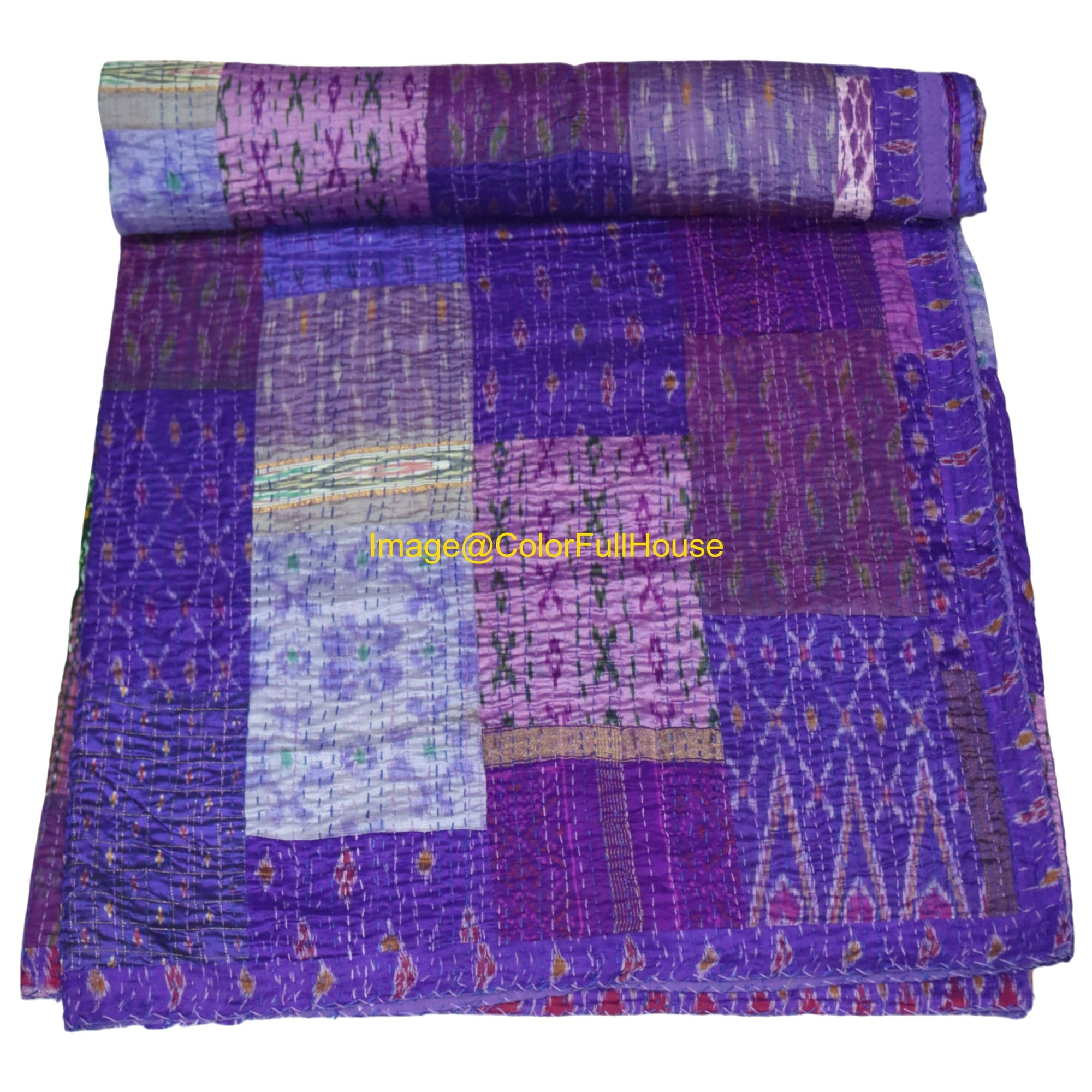 Indian Handwoven Silk Patola Kantha Quilt ,Traditional Blanket , Premium Silk Sari Kantha ...