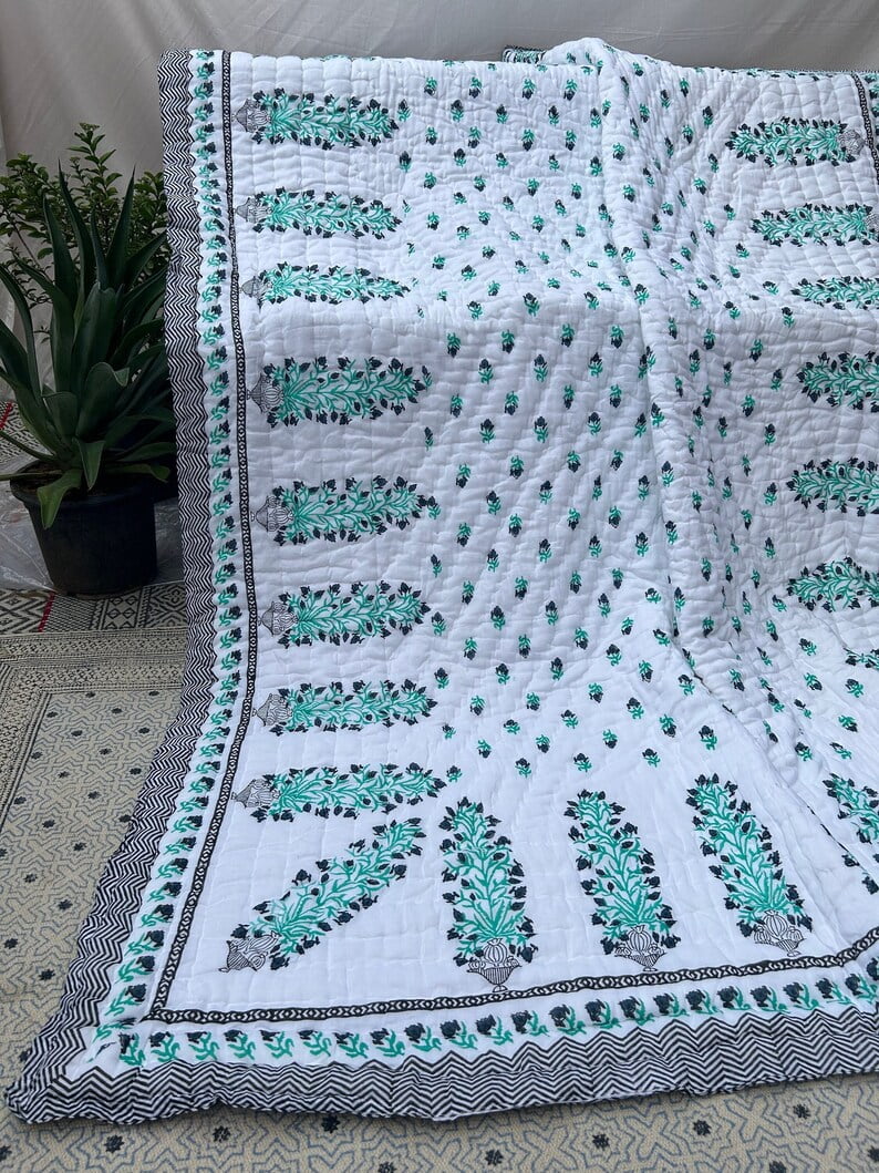 Indian Jaipuri Hand Block Print Quilt Indian Handmade Cotton Floral ...