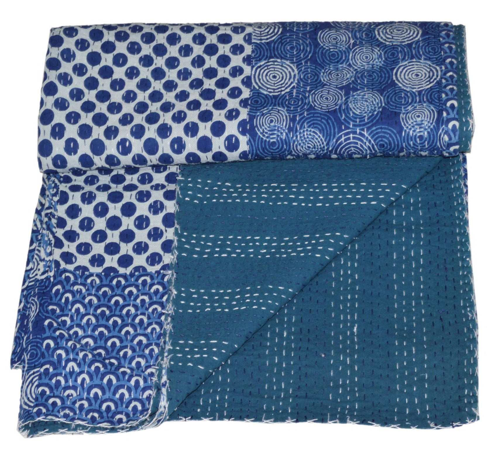 Indian Kantha Quilt Blue Patchwork Print 100% Cotton Kantha Throw ...