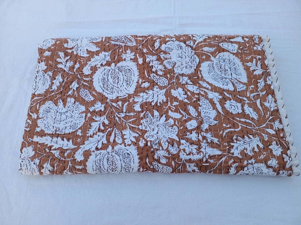 Indian Kantha Quilt Handblock Print floral Kantha Indian Netural Colour ...