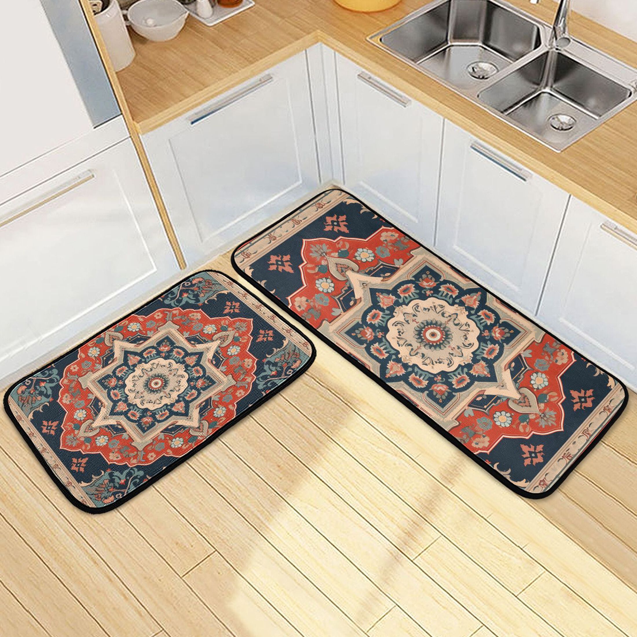 Indian Mandala Pattern Kitchen Rugs Set of 2 Non Slip Floor Foam Mat ...