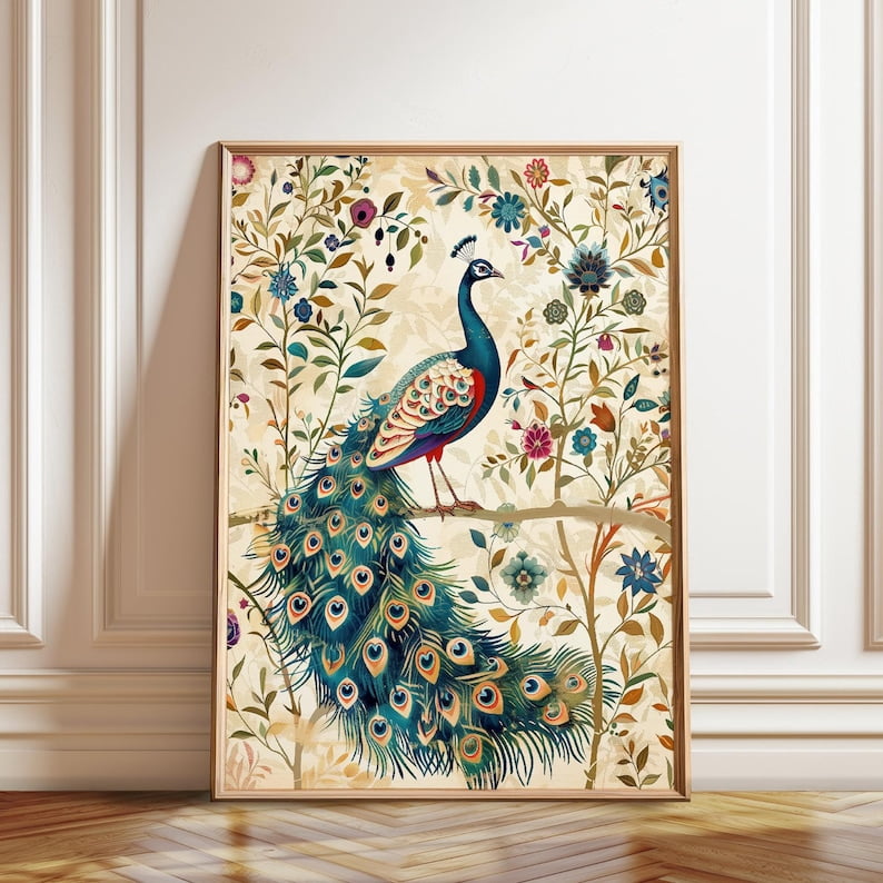 Indian Peacock Art Poster - Traditional Bird And Flower Illustration ...