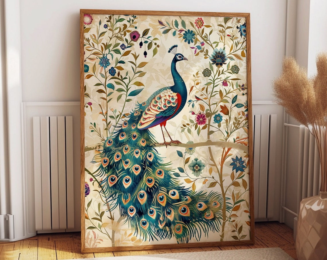 Indian Peacock Art Poster - Traditional Bird And Flower Illustration ...
