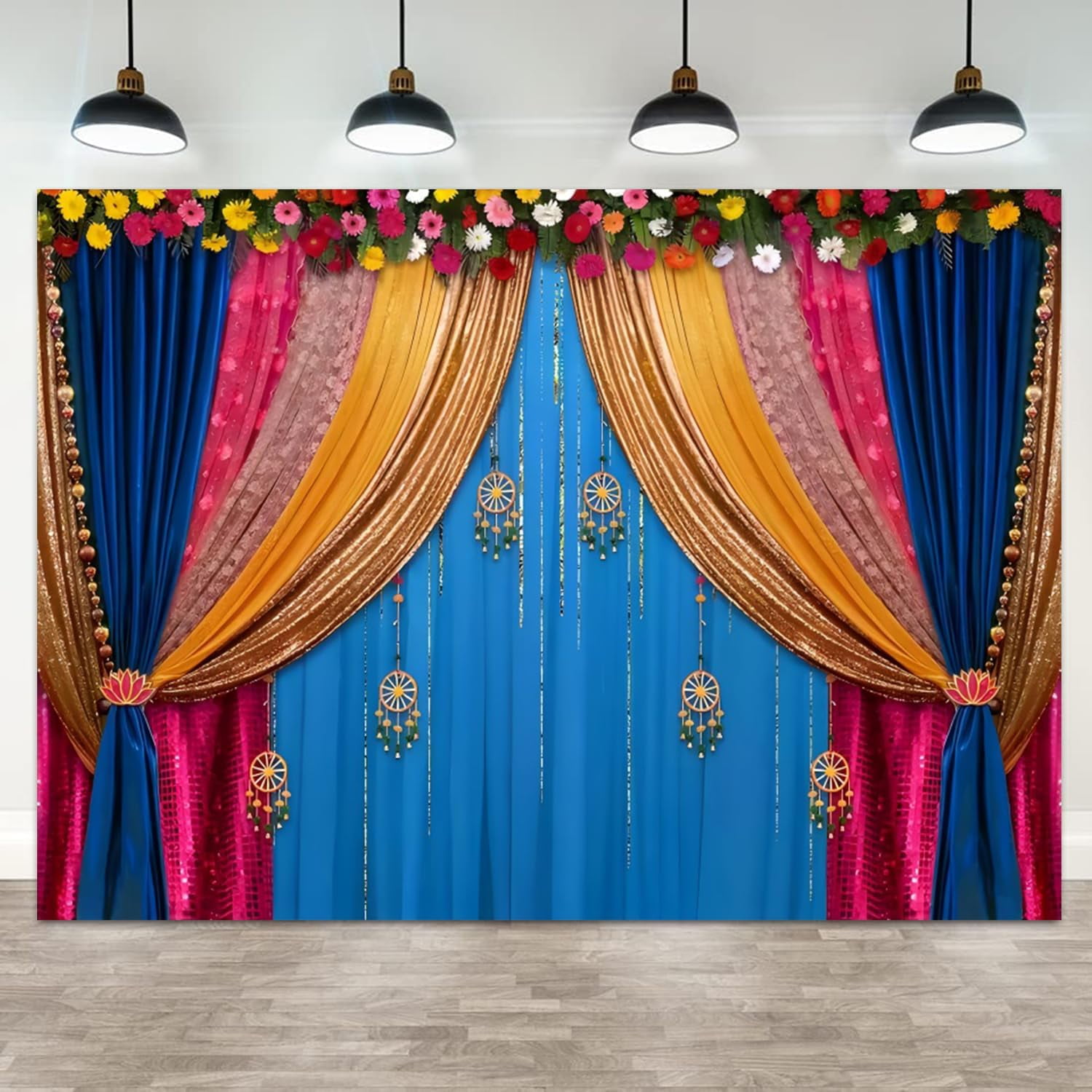 Indian Pooja Backdrop Marigold Flower Blue Curtain Photography ...