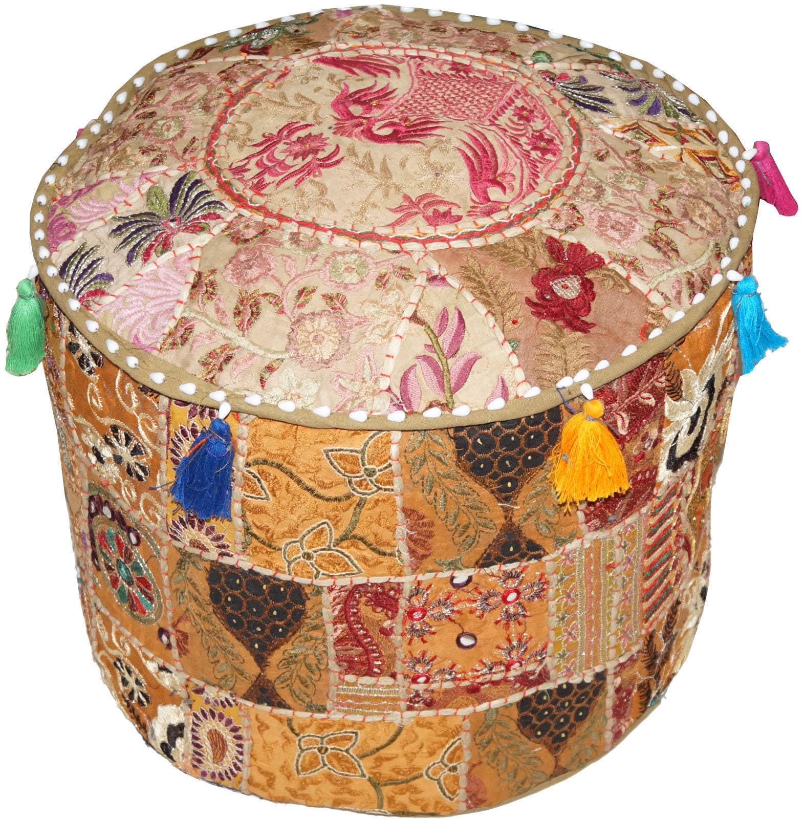 Indian Pouf Footstool Ethnic Embroidered Pouf Cover, Indian Cotton ...
