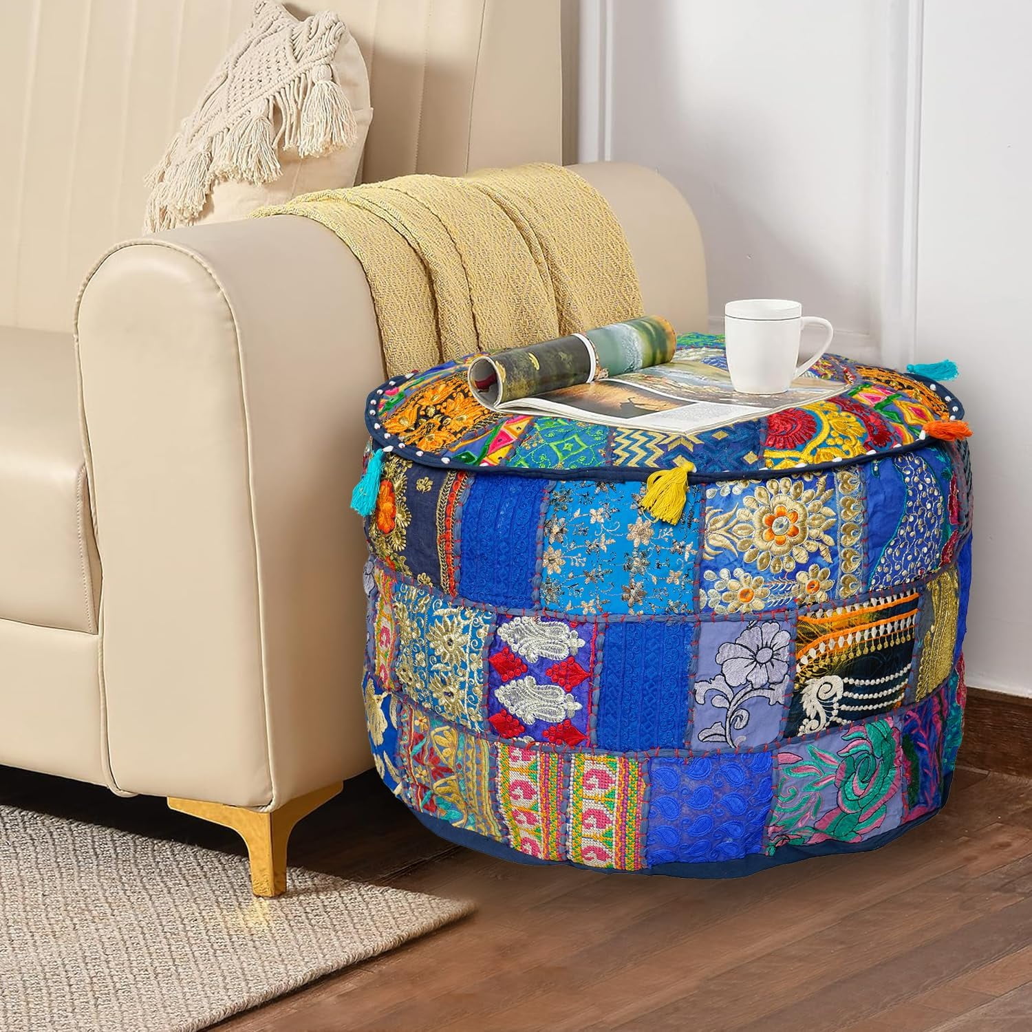 Indian Pouf Footstool Ethnic Embroidered Pouf Cover, Indian Cotton ...
