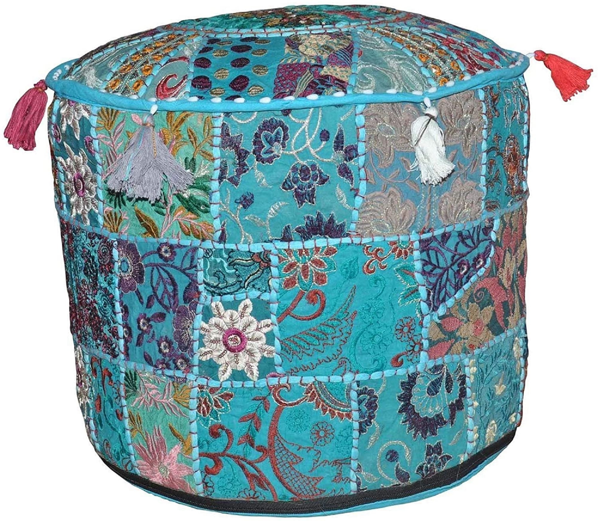 Indian Pouf Footstool Ethnic Embroidered Pouf Cover, Indian Cotton ...