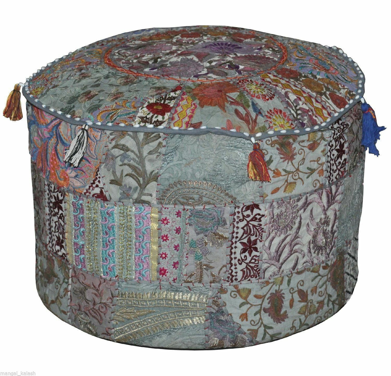 Indian Pouf Footstool Ethnic Embroidered Pouf Cover, Indian Cotton ...