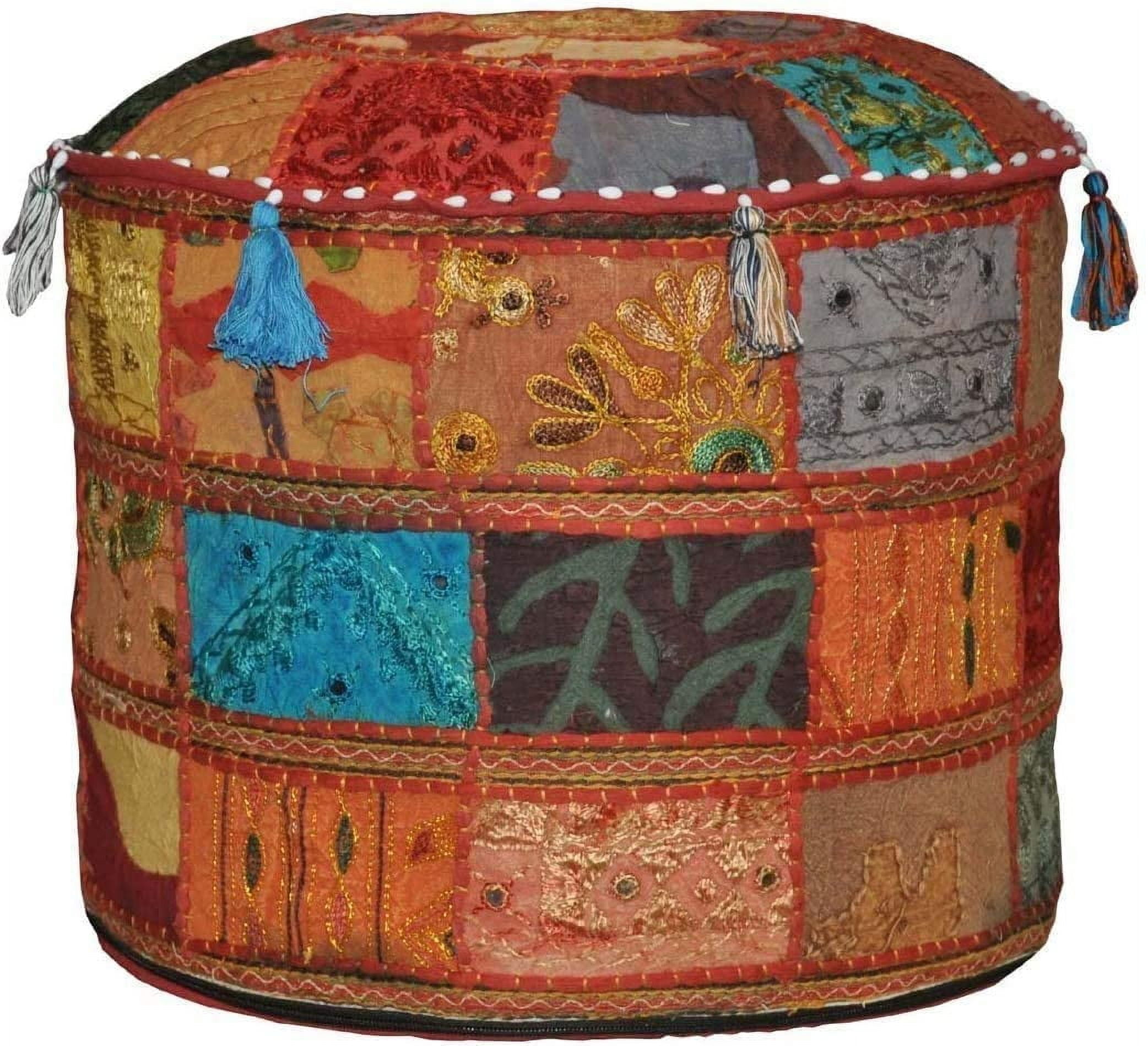 Indian Pouf Footstool Ethnic Embroidered Pouf Cover, Indian Cotton ...