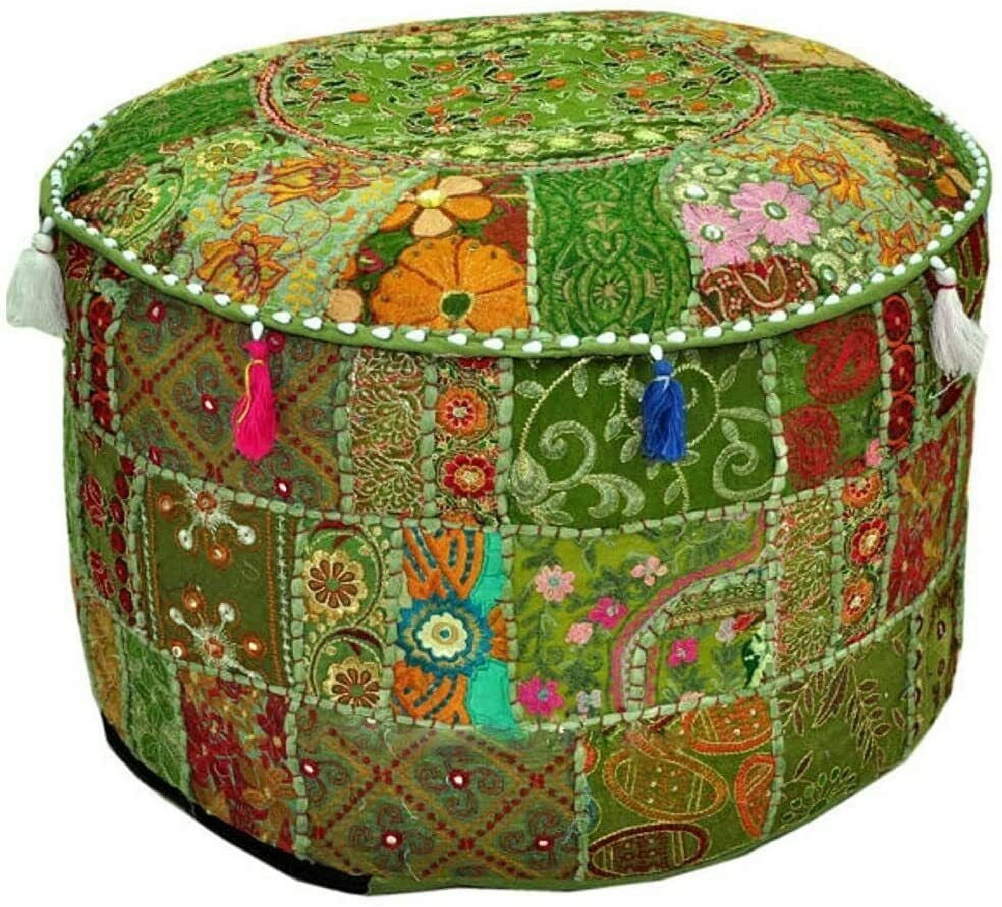 Indian Pouf Footstool Ethnic Embroidered Pouf Cover, Indian Cotton ...
