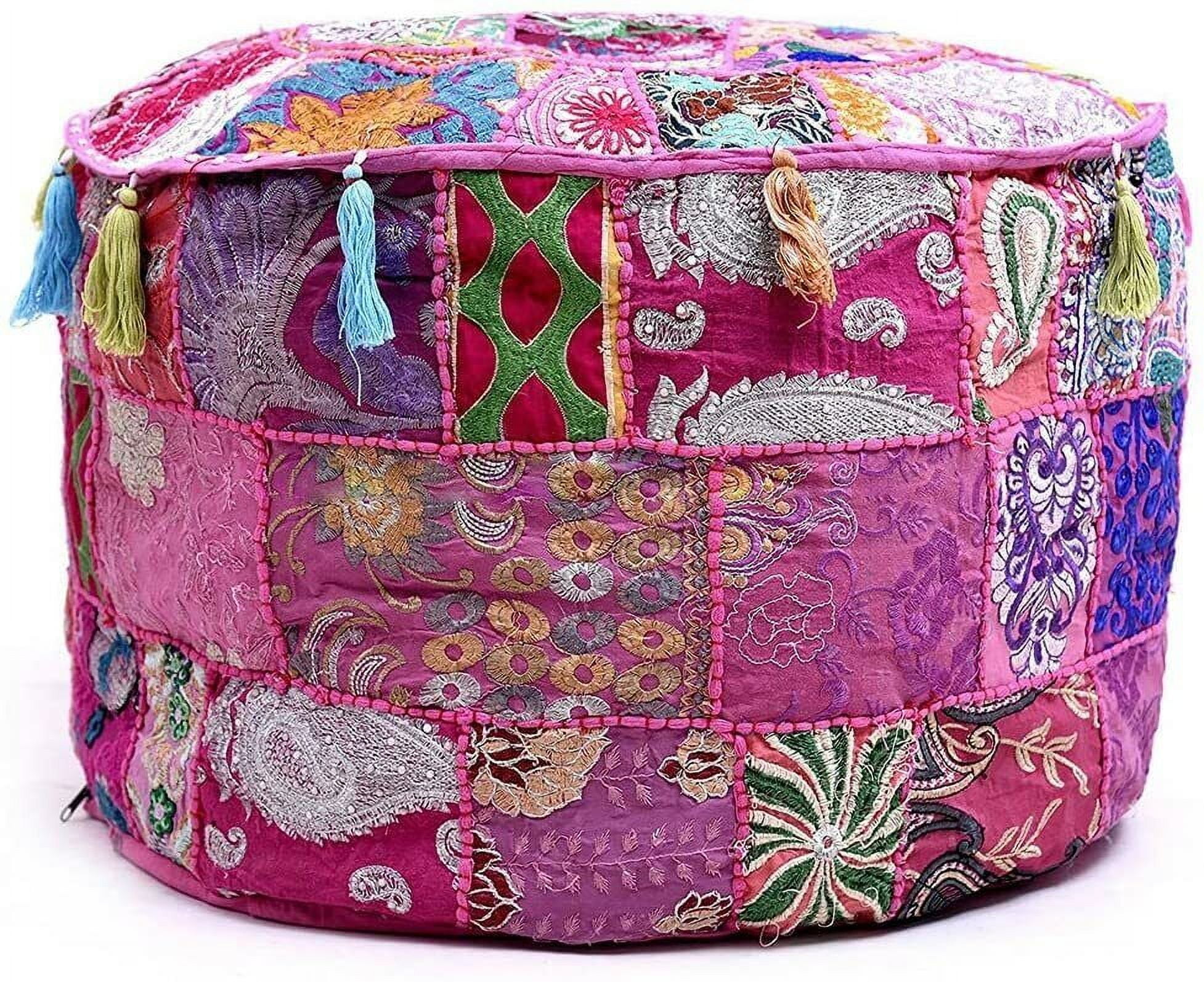 Indian Pouf Footstool Ethnic Embroidered Pouf Cover, Indian Cotton ...