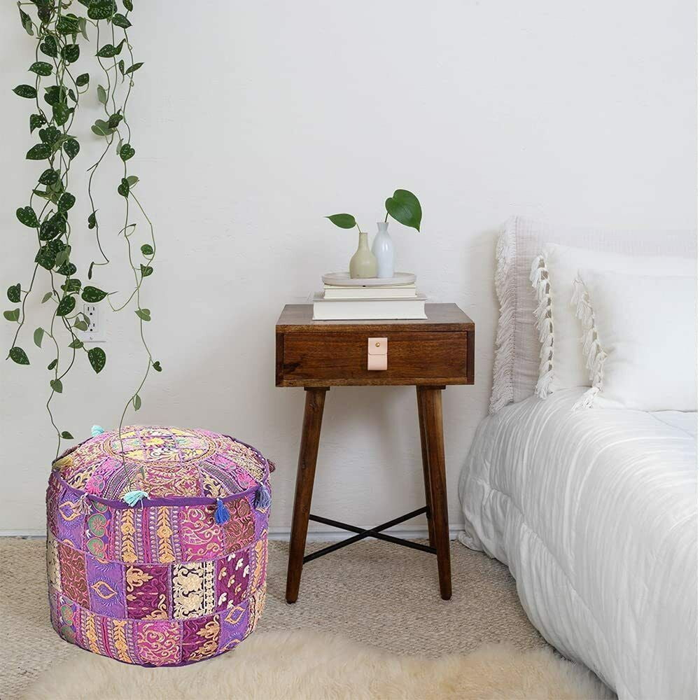 Indian Pouf Footstool Ethnic Embroidered Pouf Cover, Indian Cotton ...