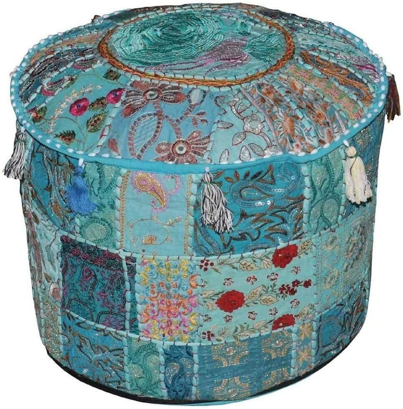 Indian Pouf Footstool Ethnic Embroidered Pouf Cover, Indian Cotton ...