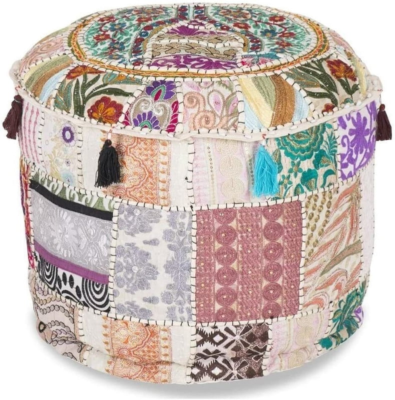 Indian Pouf Footstool Ethnic Embroidered Pouf Cover, Indian Cotton ...