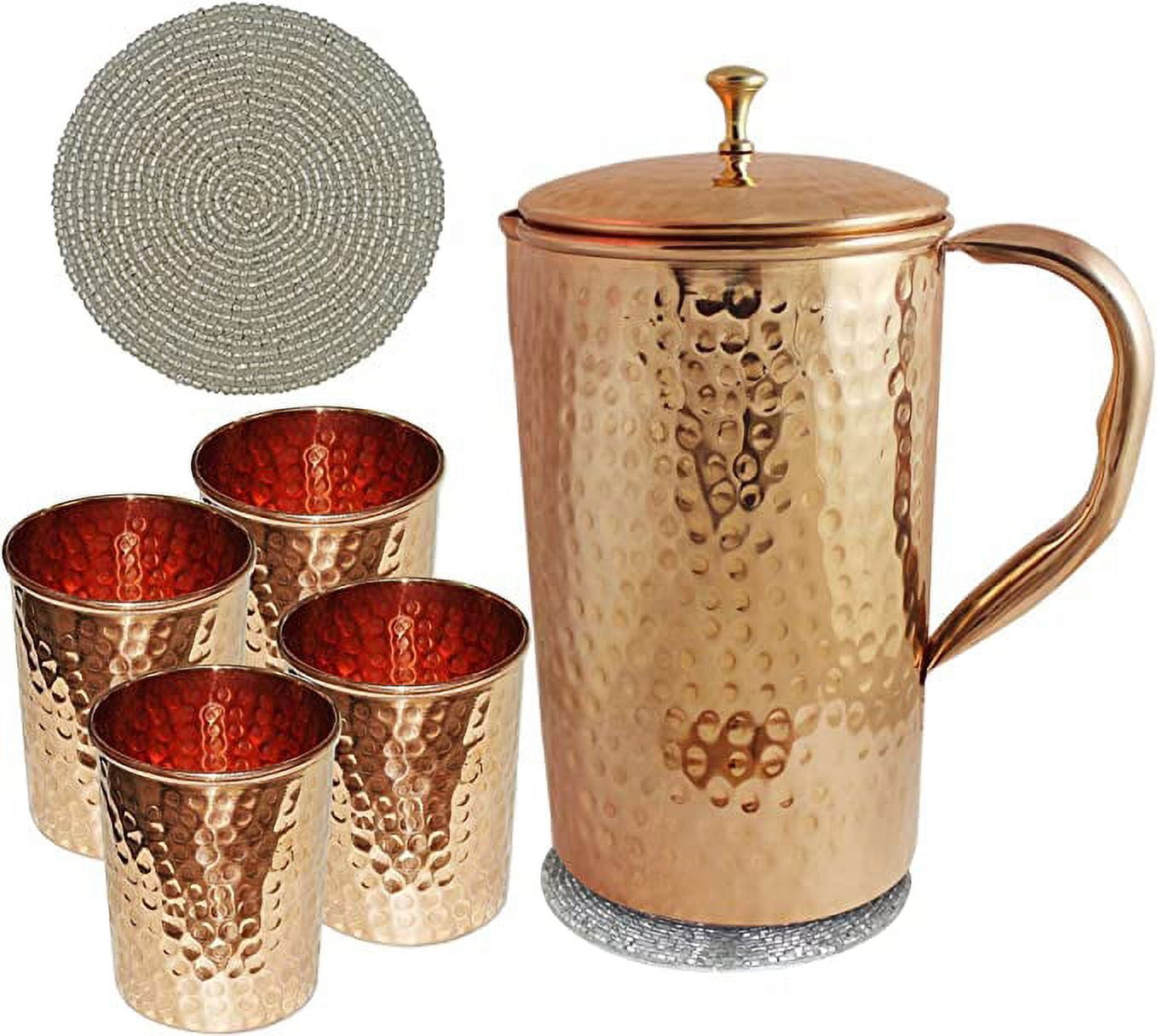 Indian Pure Copper Jug with 4 Tumbler Glass Set for Ayurvedic Healing ...