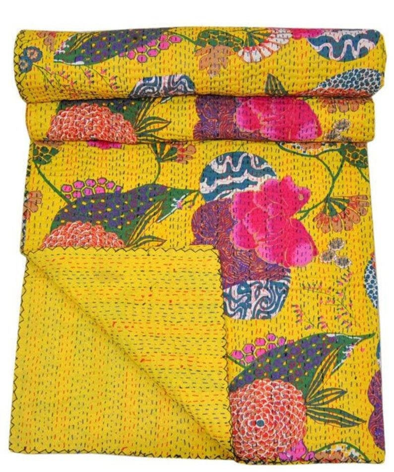 Indian Reversible Kantha Quilt for Living Dorm Room Bed Cover Handmade ...