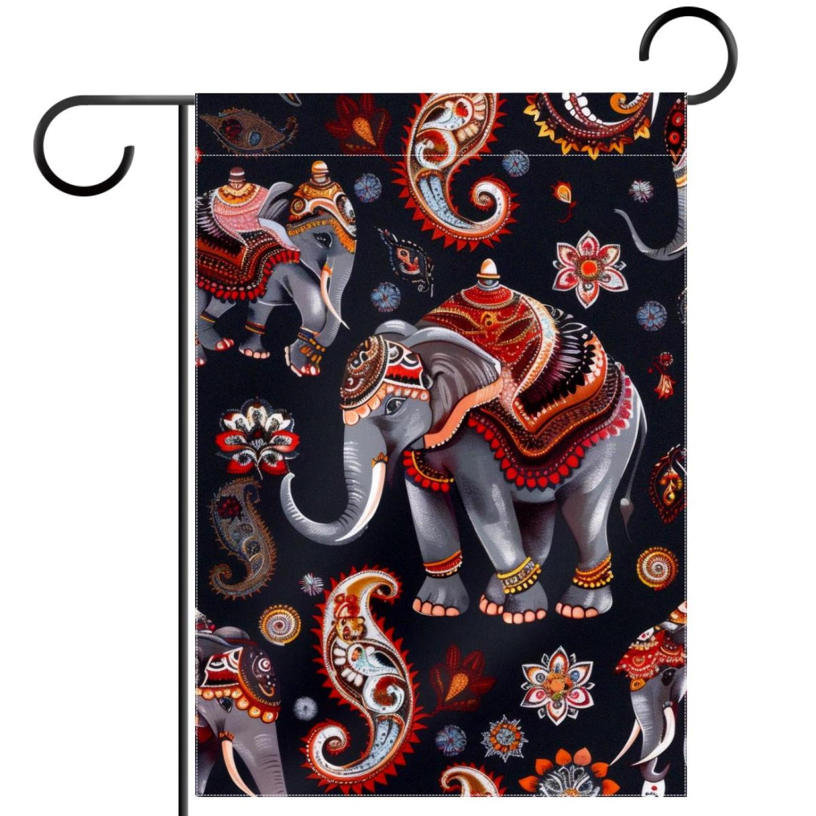 Indian Style Elephants and Paisleys Dark Background Double Sided Garden ...