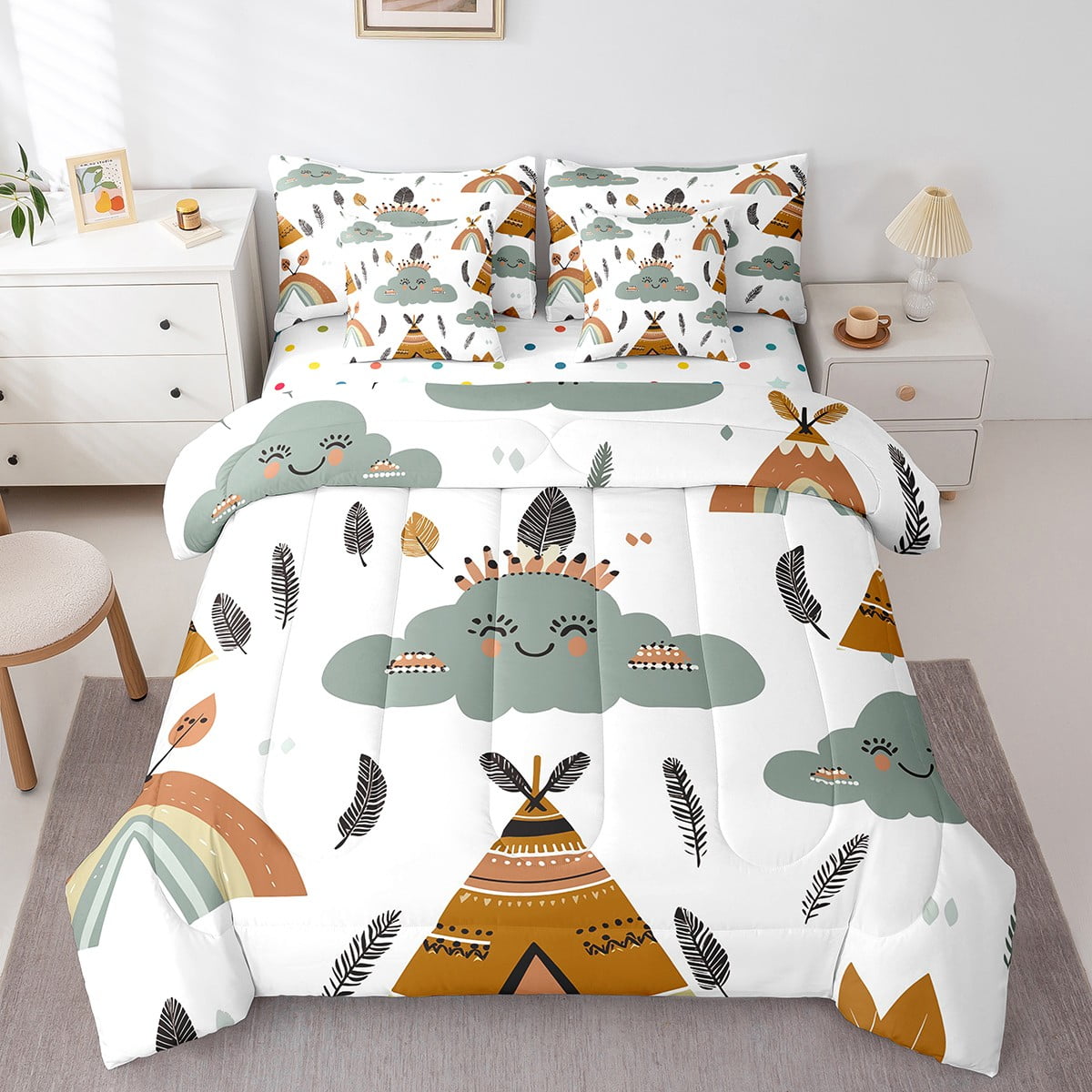 Indian Tent Comforter Set 7 Piece Bed in a Bag Twin,Rainbow Cute Clouds ...