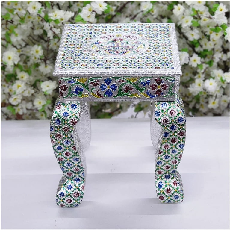 Indian Traditional Bajot Pooja Chowki God Sitting Stool Corner Table Stool Living Room Corner Stool Wooden Bajot Oxidized Chowki Pooja Stool Decorated