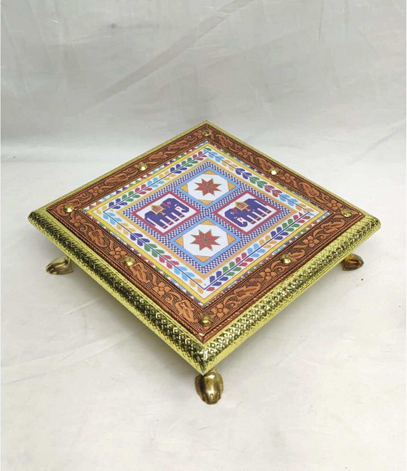 Indian Traditional Bajot Wooden Chowki Table Stool Handmade Bajot Brass ...