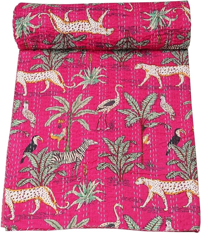 Indian Traditional Pure Cotton Jungle Print Kantha Quilt, Bed Cover ...