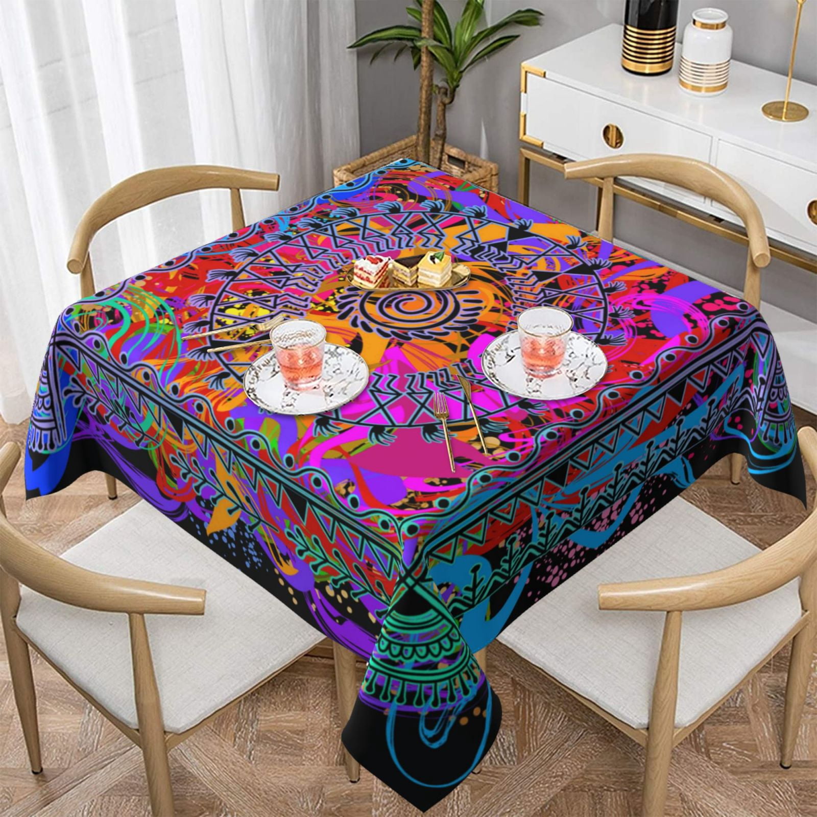 Indian Tribal Art Colorful Square Tablecloth 60x60 Waterproof Table ...