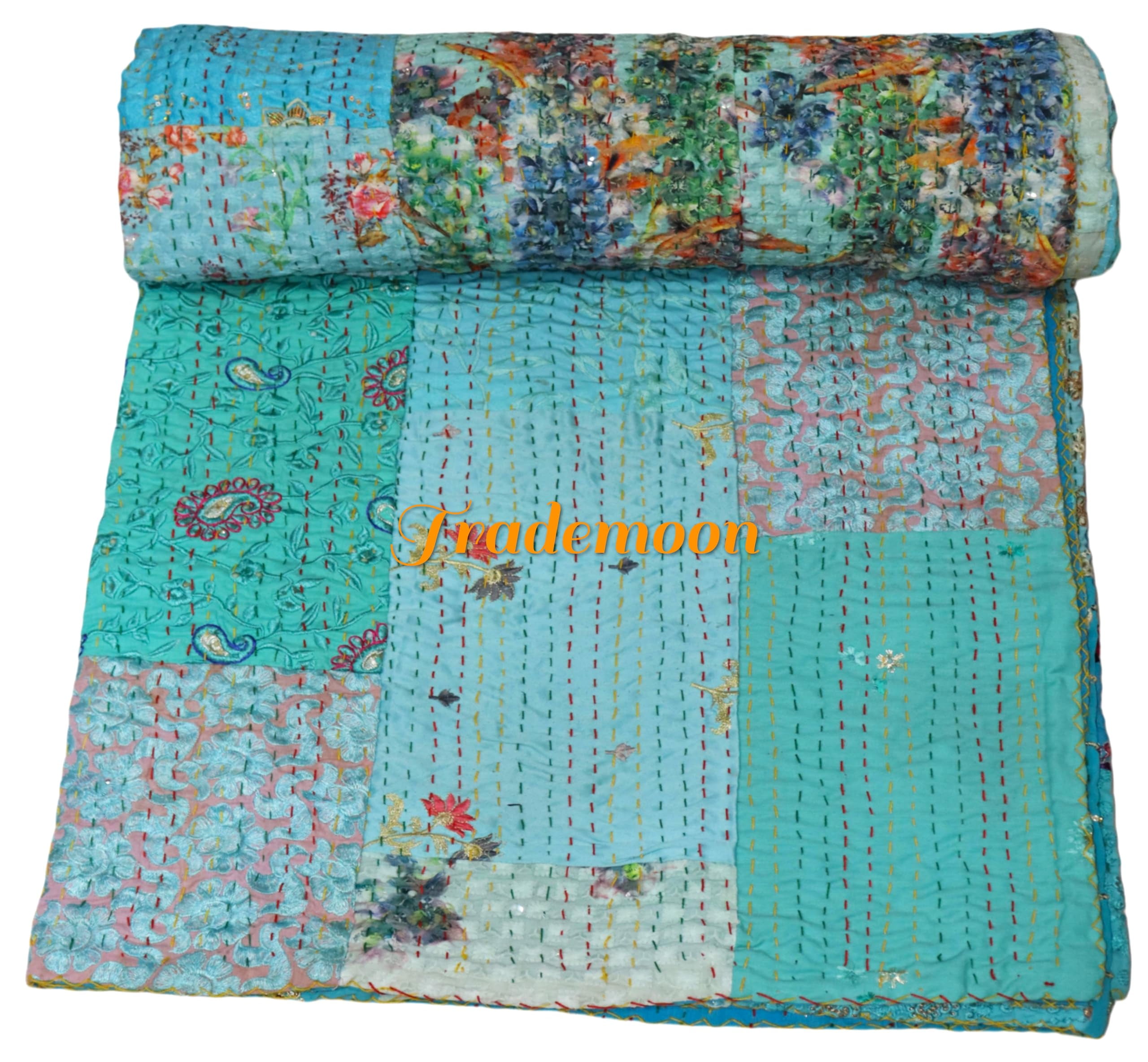 Indian Vintage Art Cotton, Silk Mix Kantha Quilt , Patchwork Handwoven ...