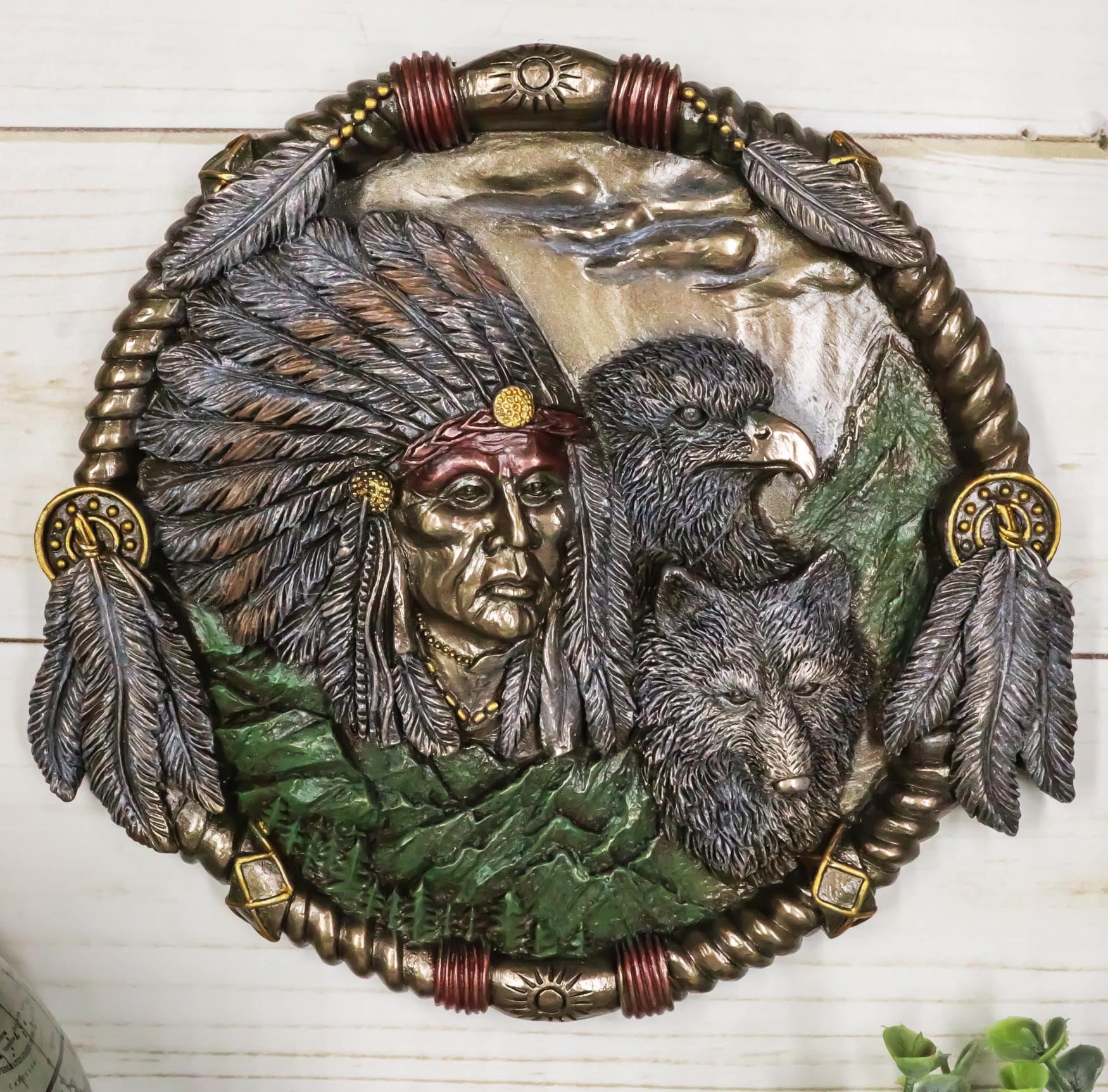 Indian Warrior Stoic Chief Wearing Headdress With Eagle and Wolf Wall ...
