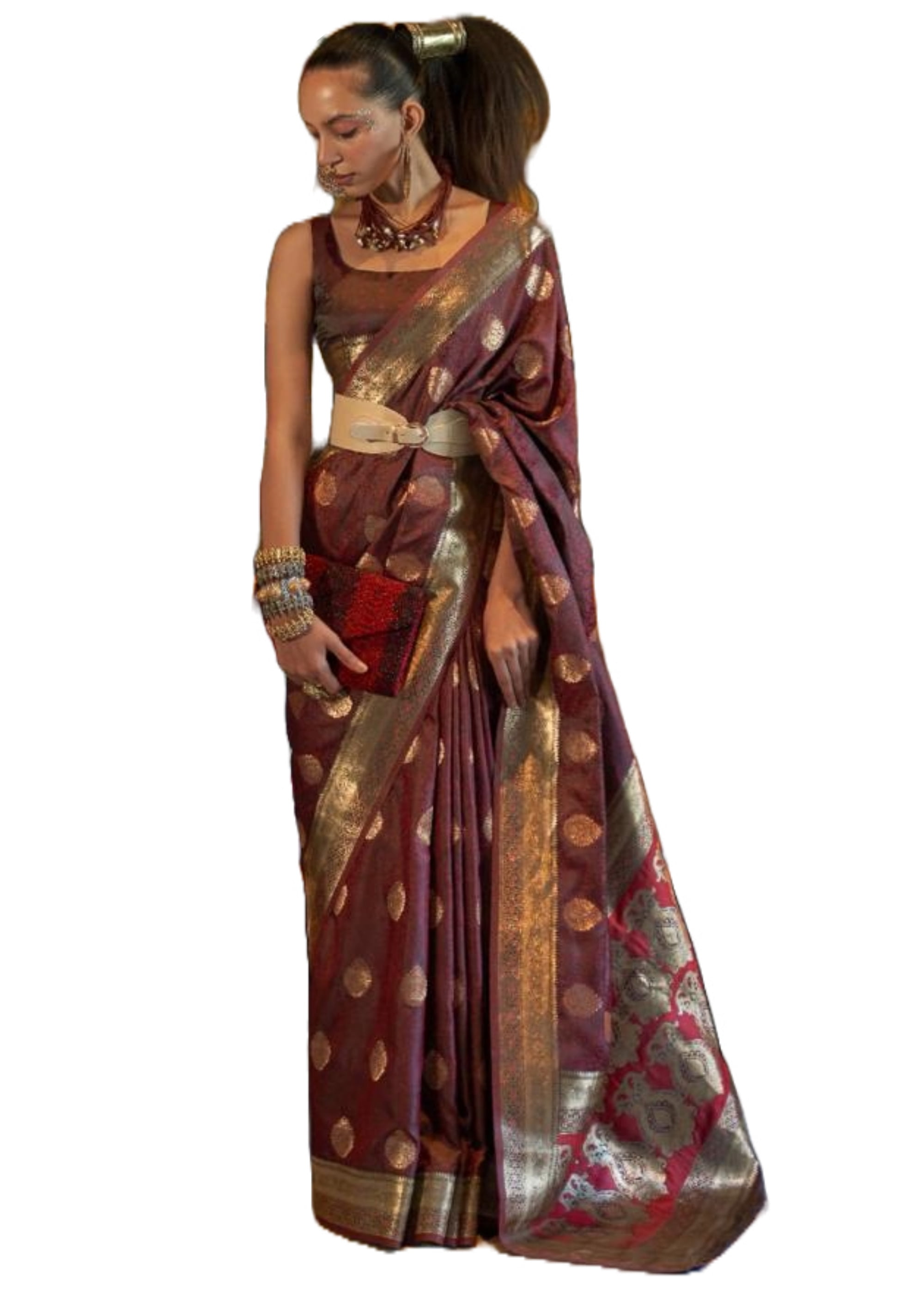Indian Woman Rakhi festival Saree Printed base Satin HAND-LOOM WEAVING ...