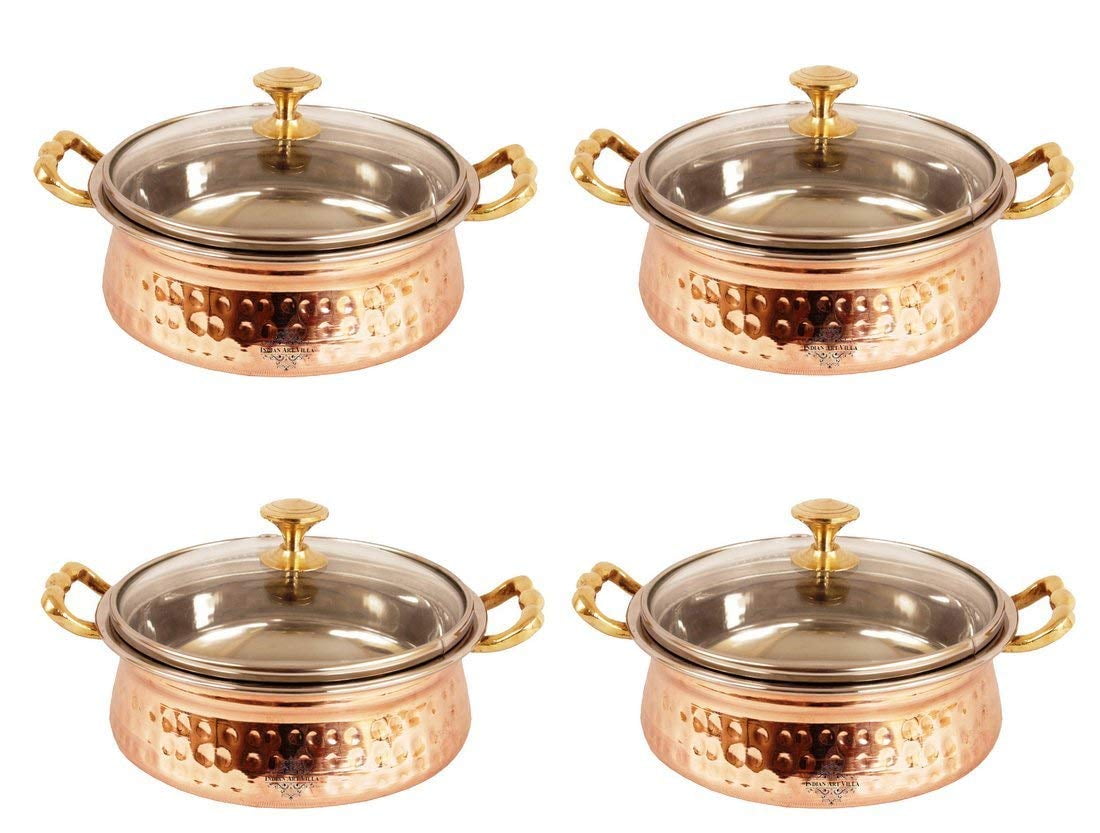 IndianArtVilla Set of 4 Steel Copper Tuffen Casserole with Glass Lid ...