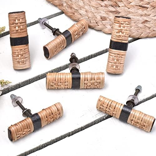 IndianShelf 6 Pieces Natural Rattan Cabinet Knobs- Wicker Drawer Pulls ...