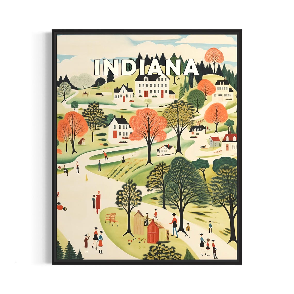 Indiana And Motto Landscape Scenery Art Print, American Folk Art Wall ...