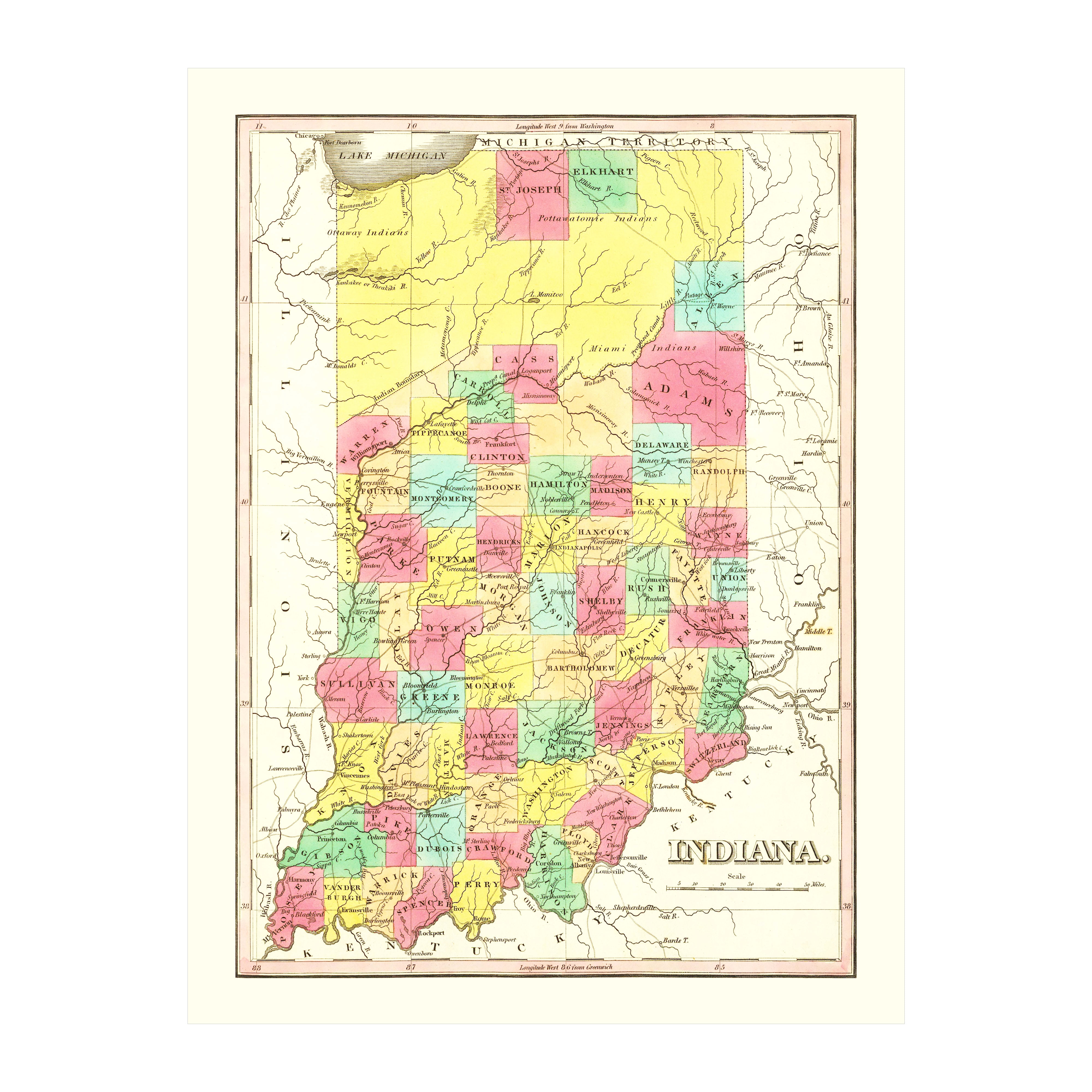 Indiana Art, 1831 Vintage Map of Indiana History Wall Decor Gift, Old ...