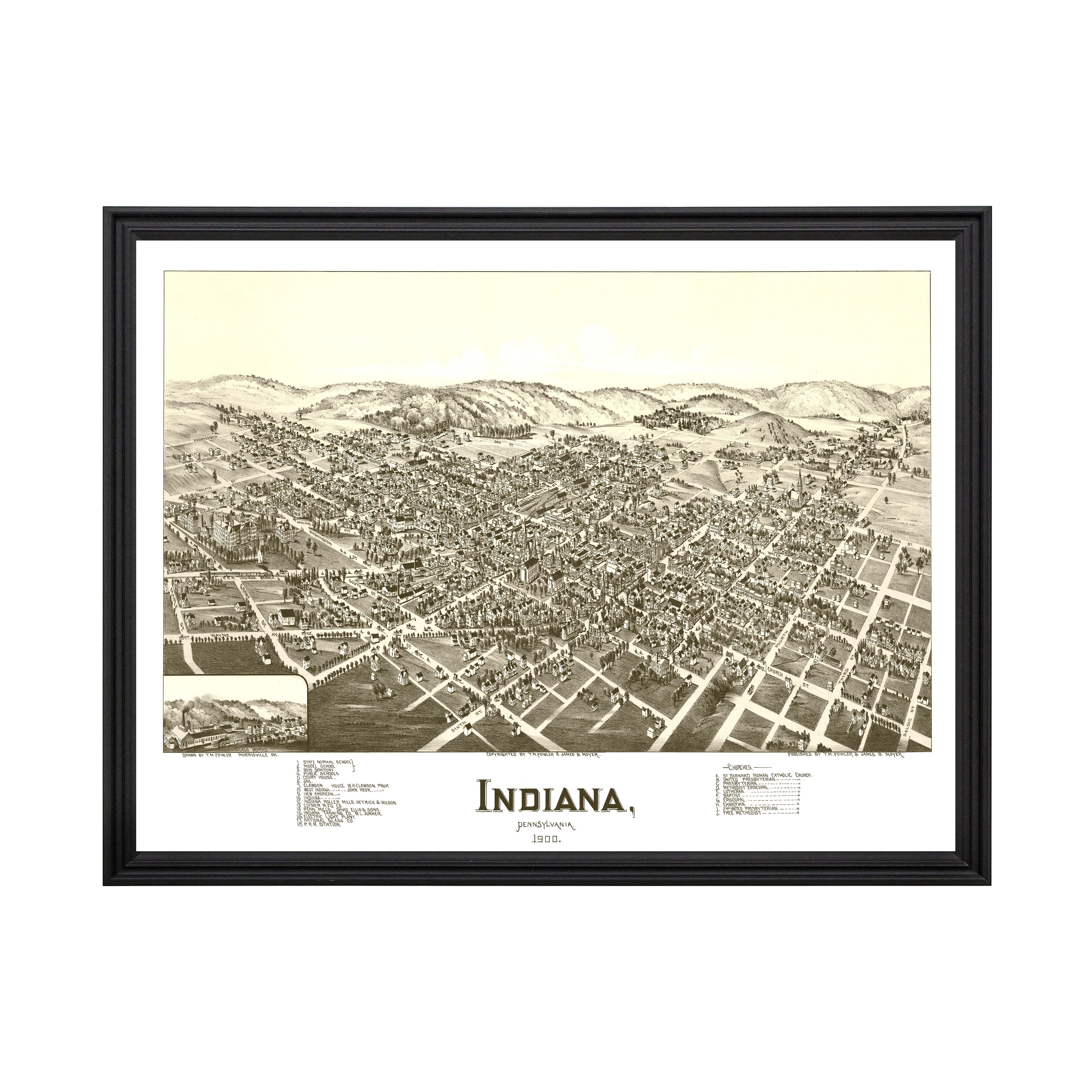 Indiana Art, 1900 Vintage Map of Indiana Pennsylvania, PA History Wall ...