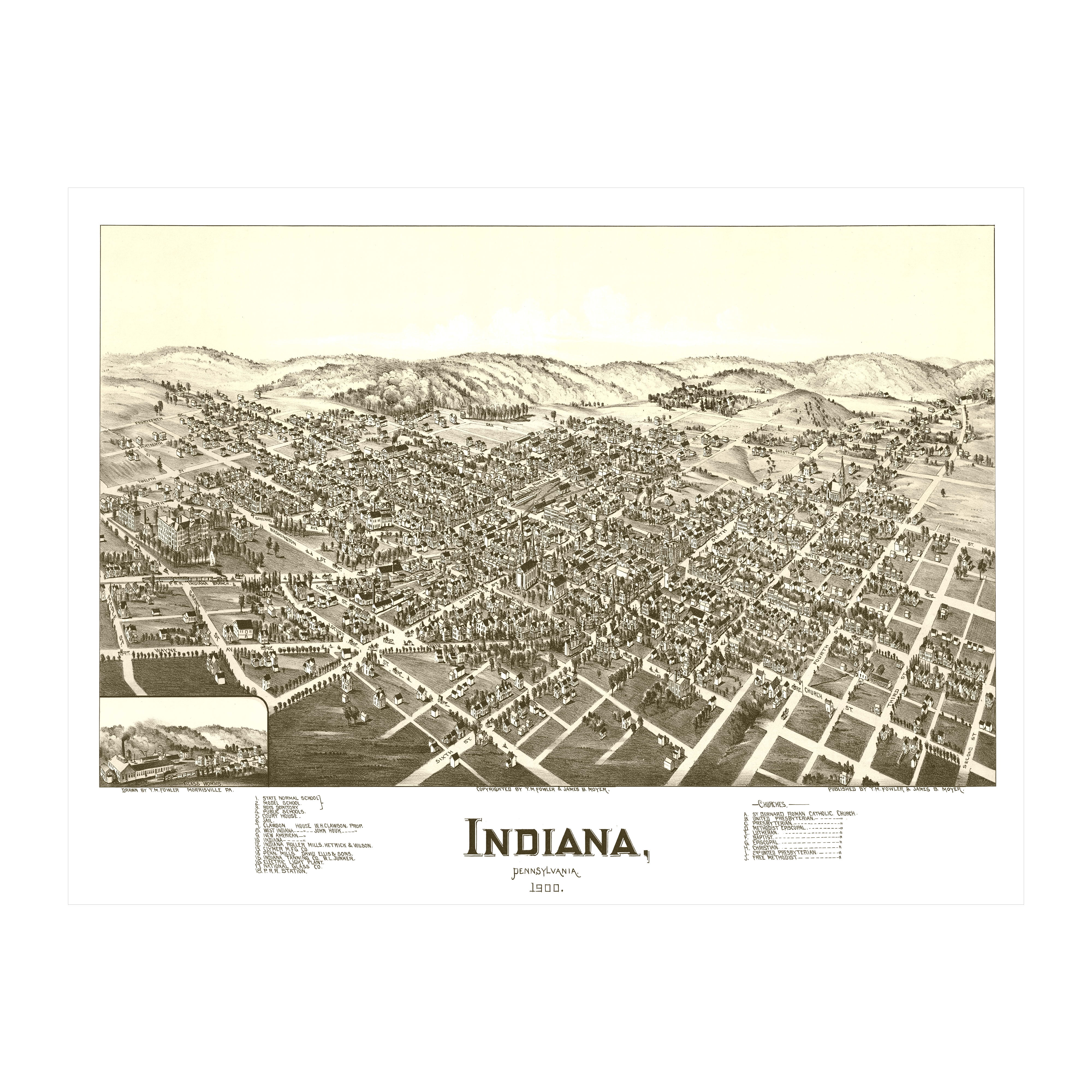 Indiana Art, 1900 Vintage Map of Indiana Pennsylvania, PA History Wall ...