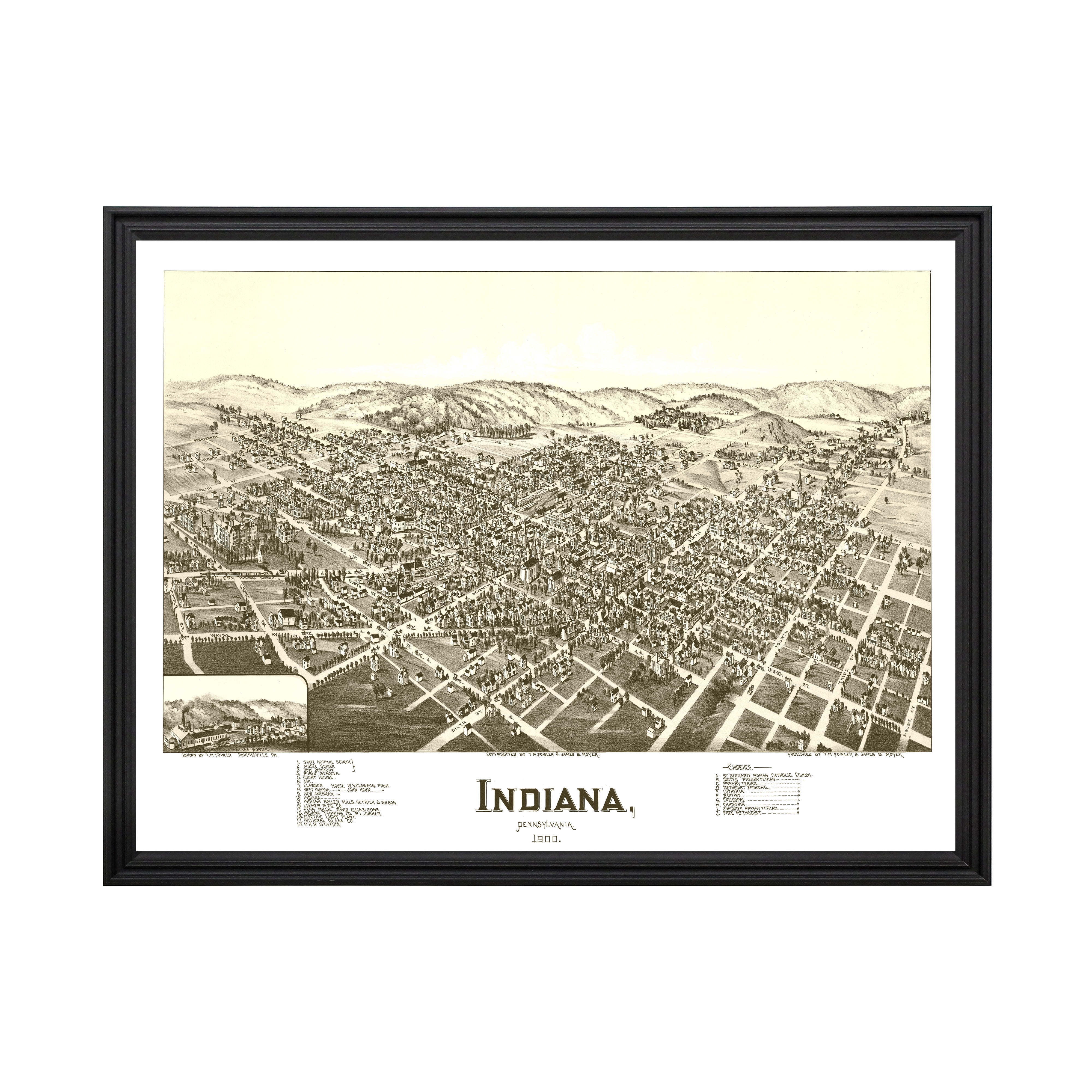 Indiana Art, 1900 Vintage Map of Indiana Pennsylvania, PA History Wall ...