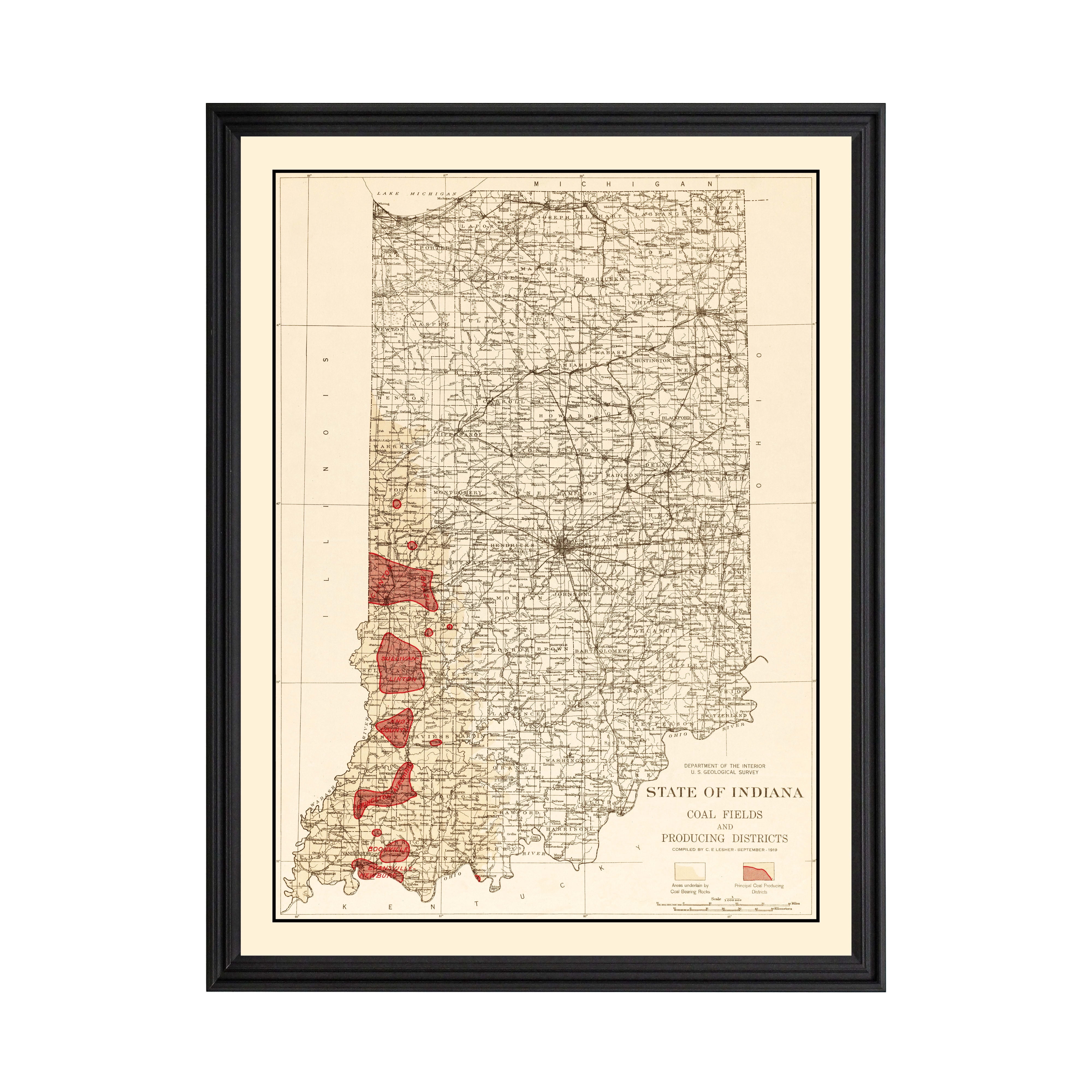 Indiana Coal Fields Art, 1919 Vintage Map of Indiana Coal Fields ...