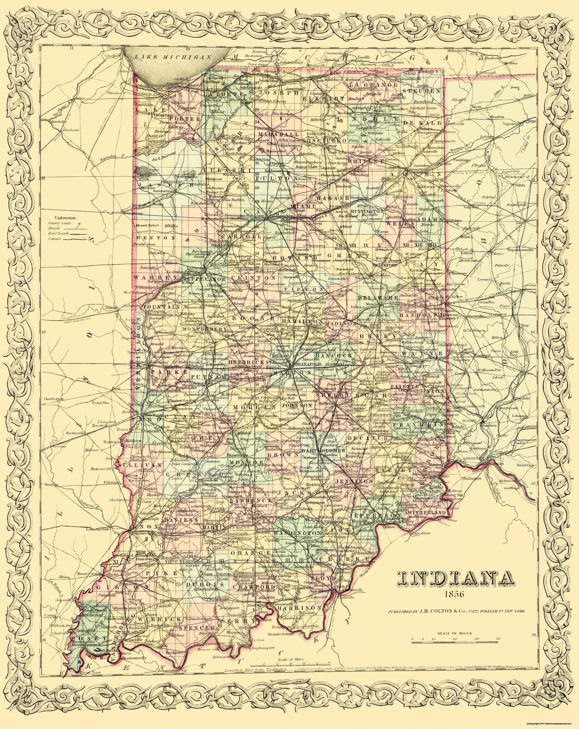 Historic State Map - Indiana - Colton 1856 - 23 x 29 - Vintage Wall Art ...