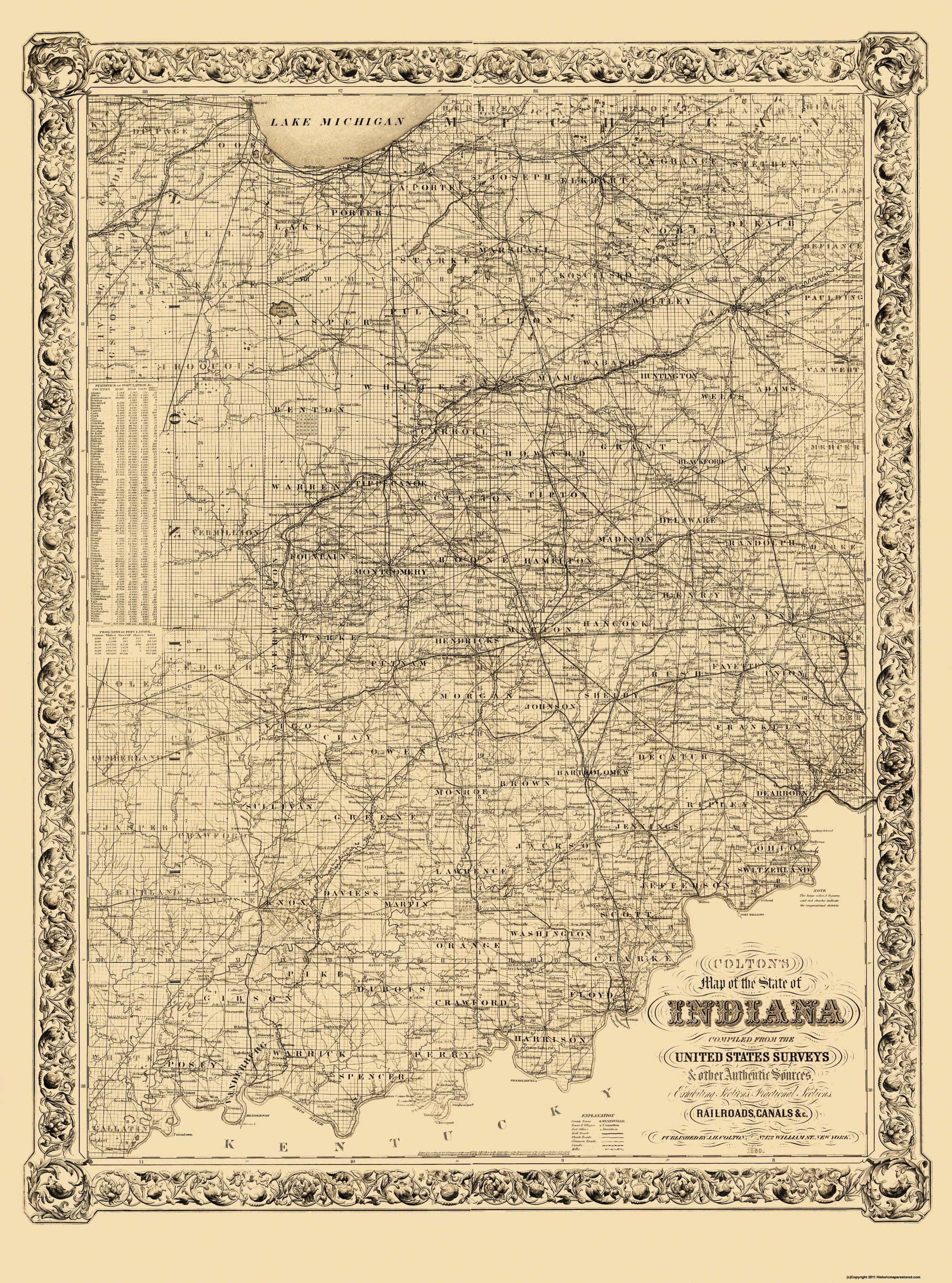 Railroad Map - Indiana - Colton 1860 - 23 x 31 - Vintage Wall Art ...