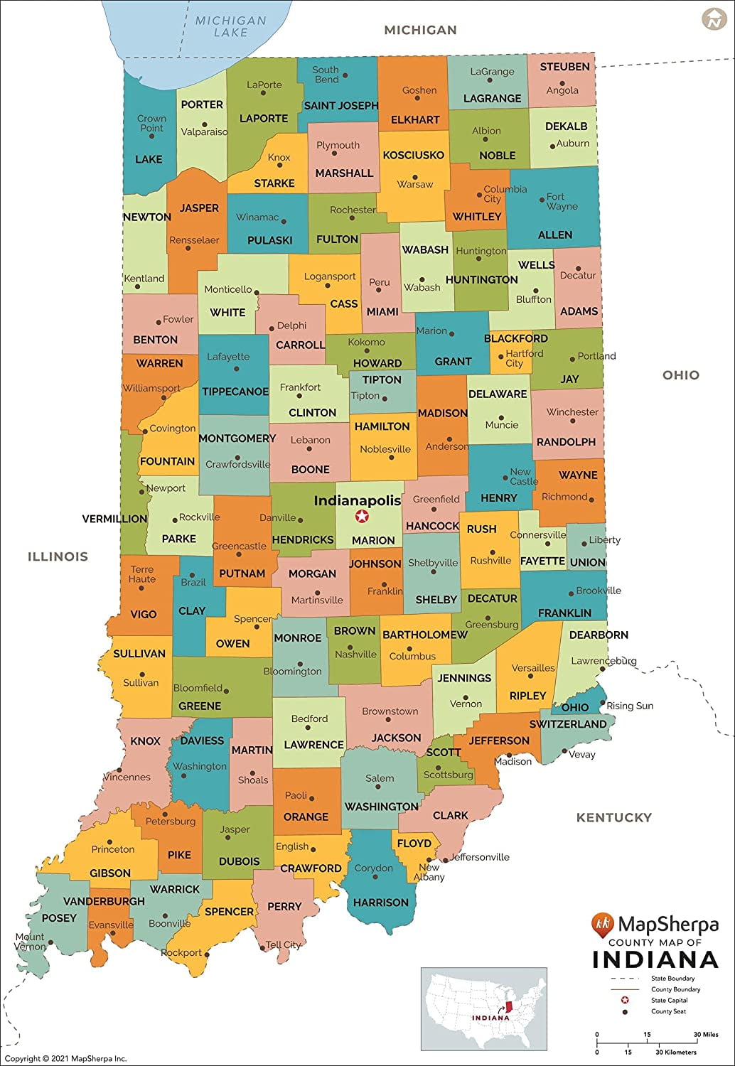 Indiana Counties Map - Standard - 36" x 52.25" Rolled Canvas - Walmart.com
