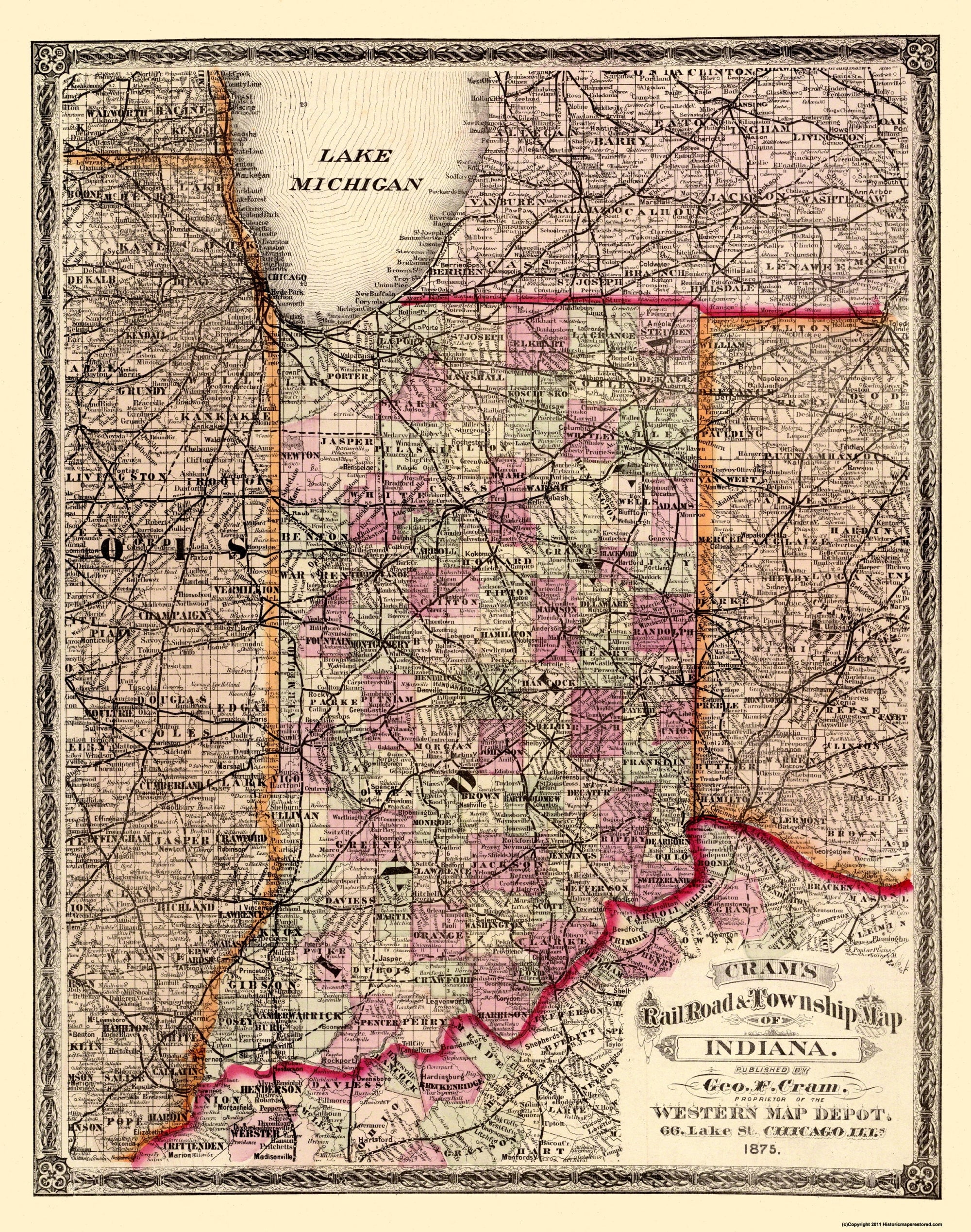 Historic State Map - Indiana - Cram 1875 - 23 x 29.19 - Vintage Wall ...